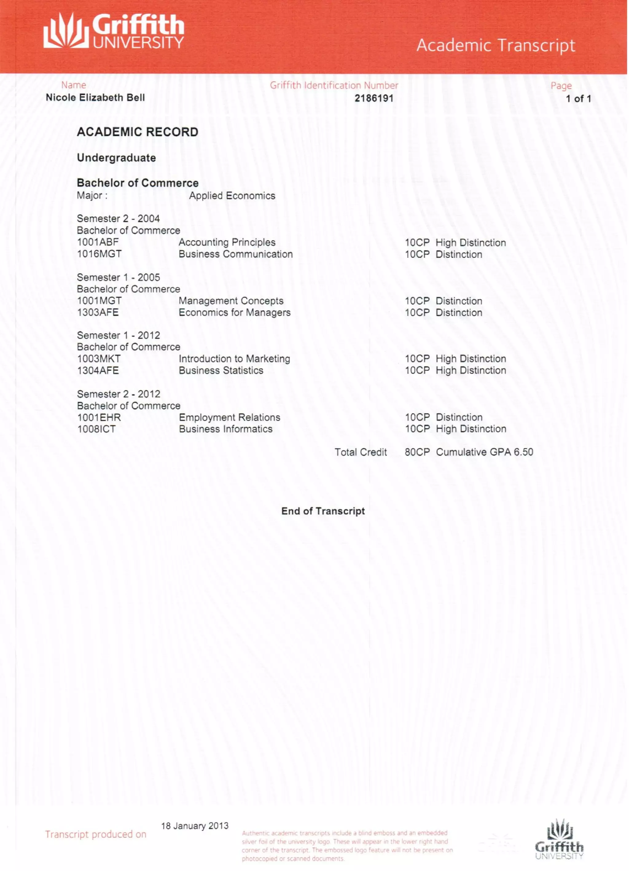 N Bell Academic Transcript - Griffith University | PDF | Free Download