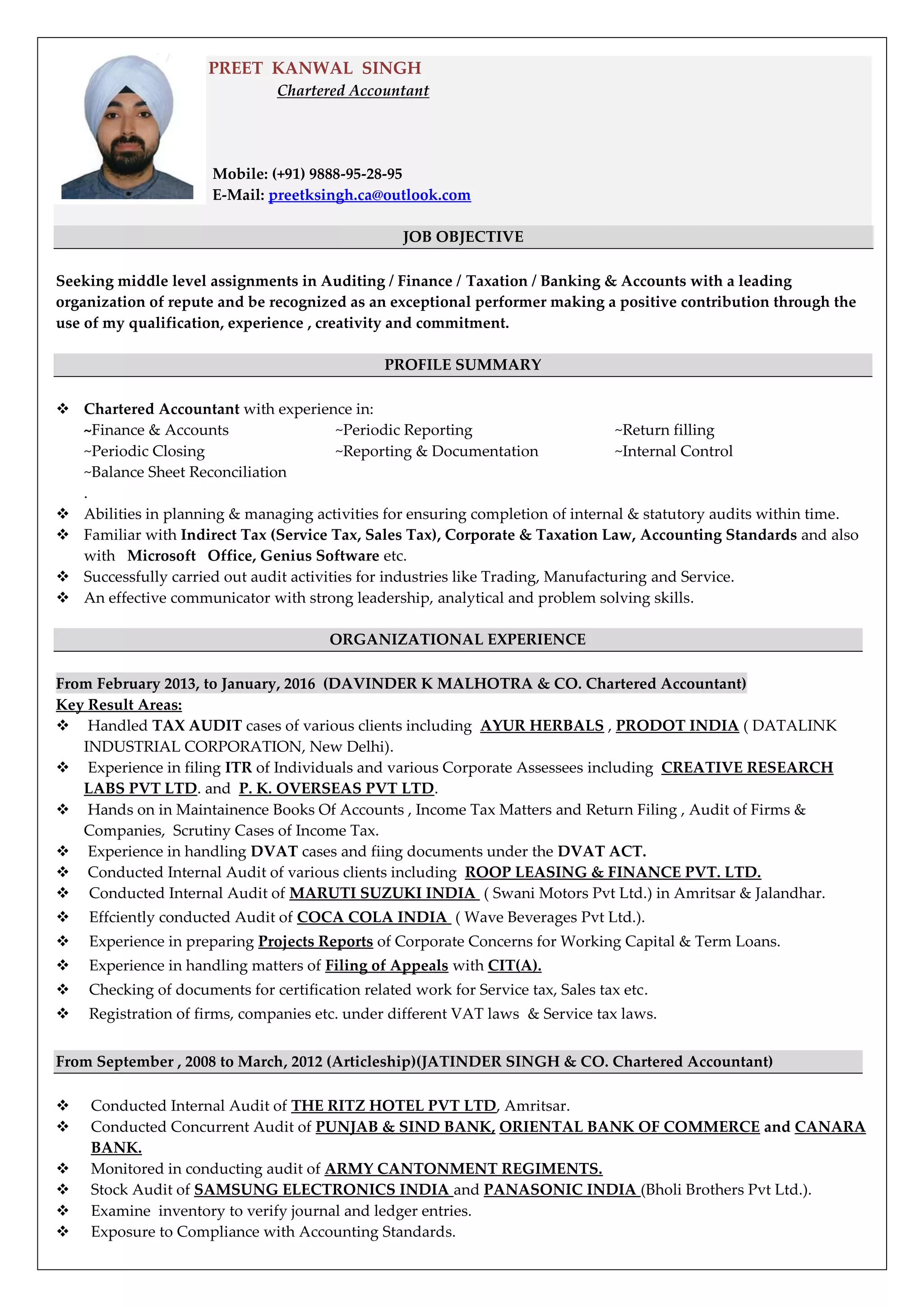 CA Preet K Singh CV | PDF | Business Accounting & Finance | Business
