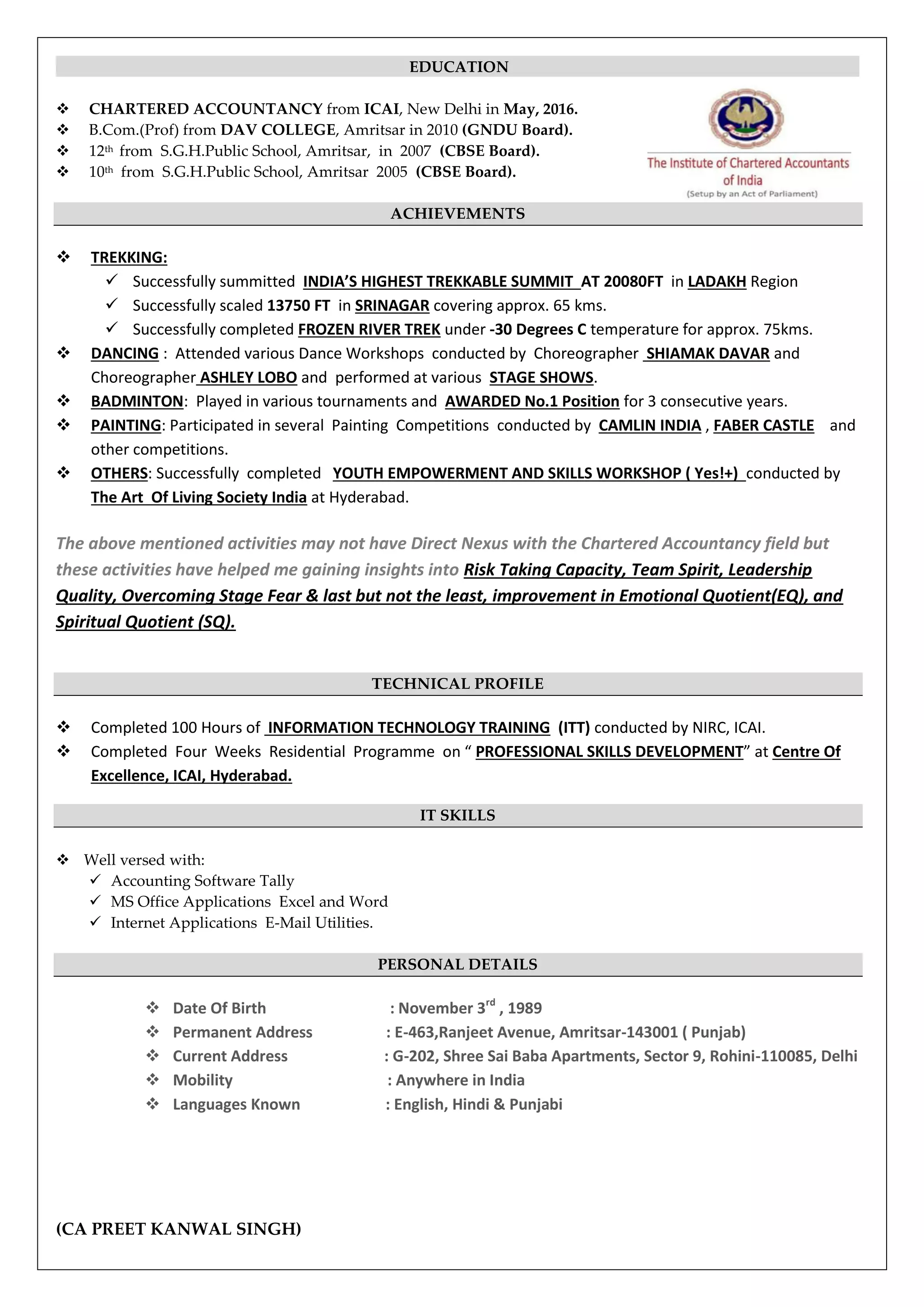 CA Preet K Singh CV | PDF | Business Accounting & Finance | Business
