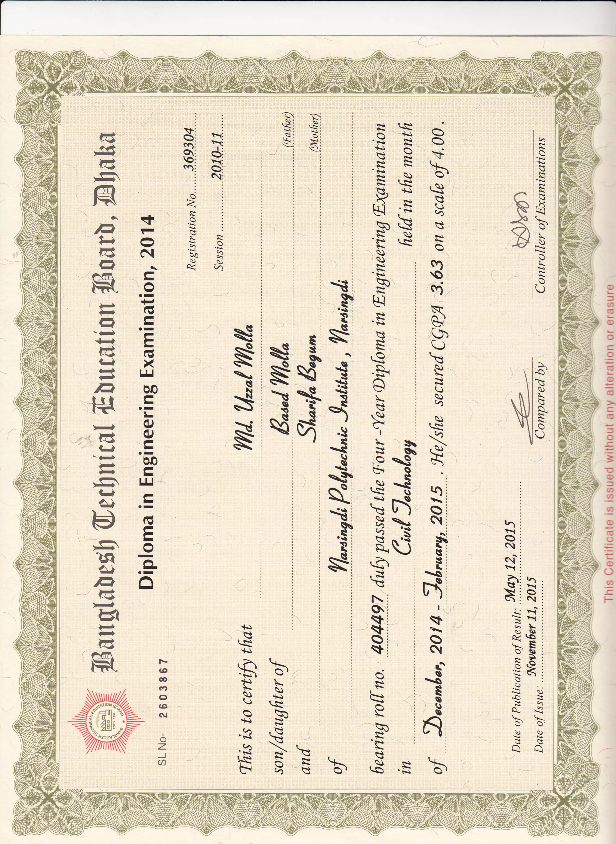 Engineering Diploma Certificate