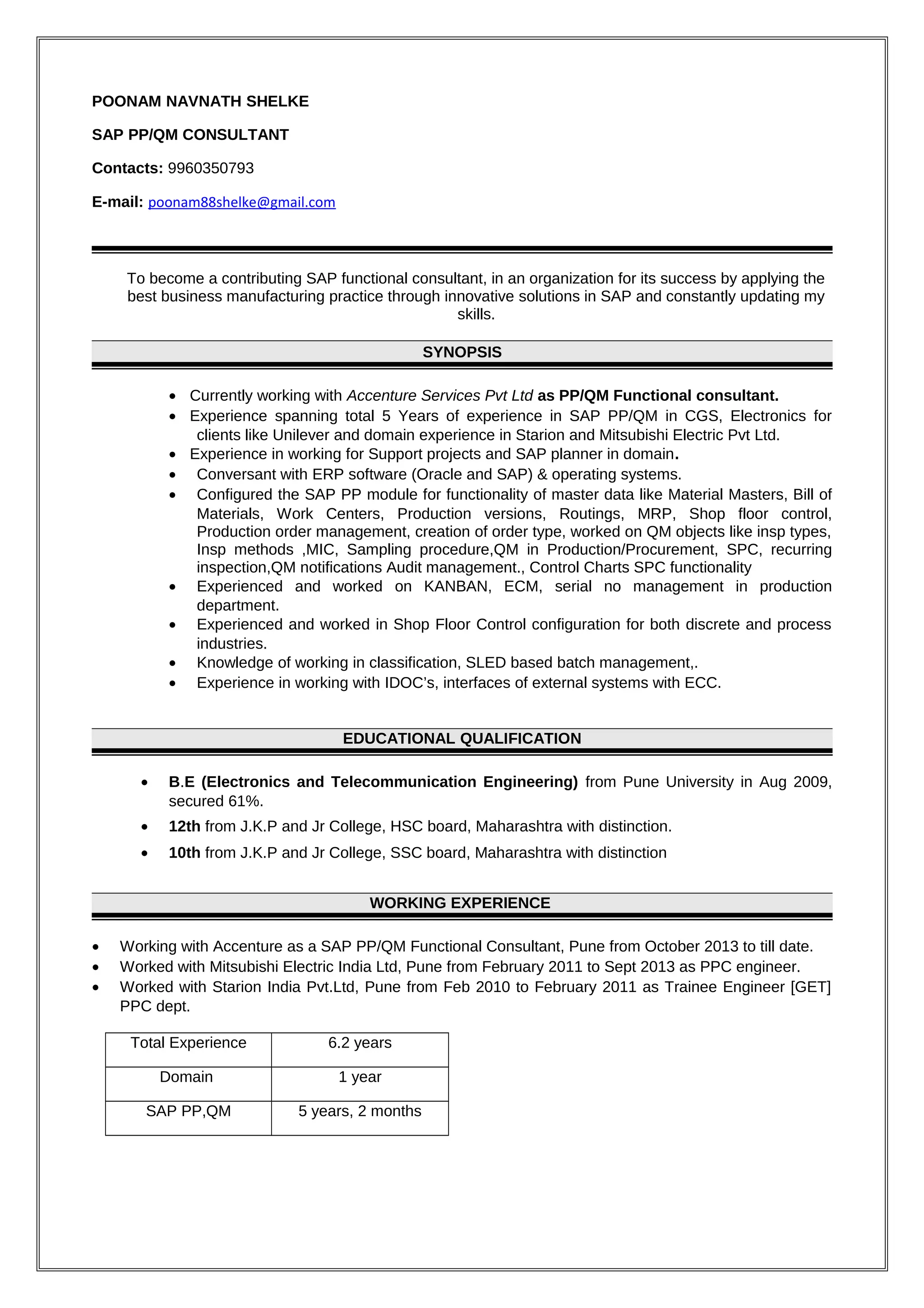 Poonam Shelke SAP PP QM Consultant | DOC