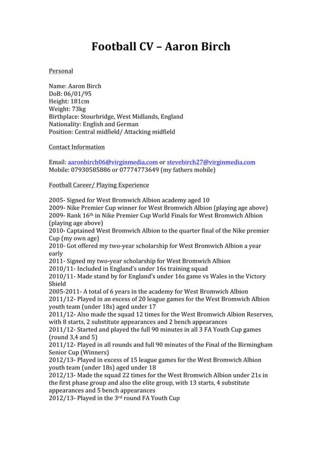 Football CV – Aaron Birch | PDF