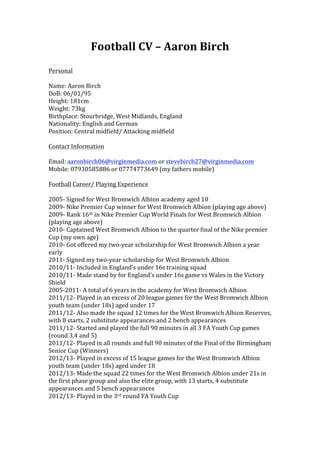 Football CV – Aaron Birch | PDF