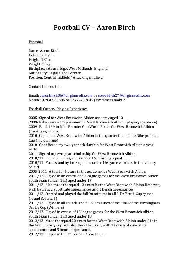 Football CV – Aaron Birch