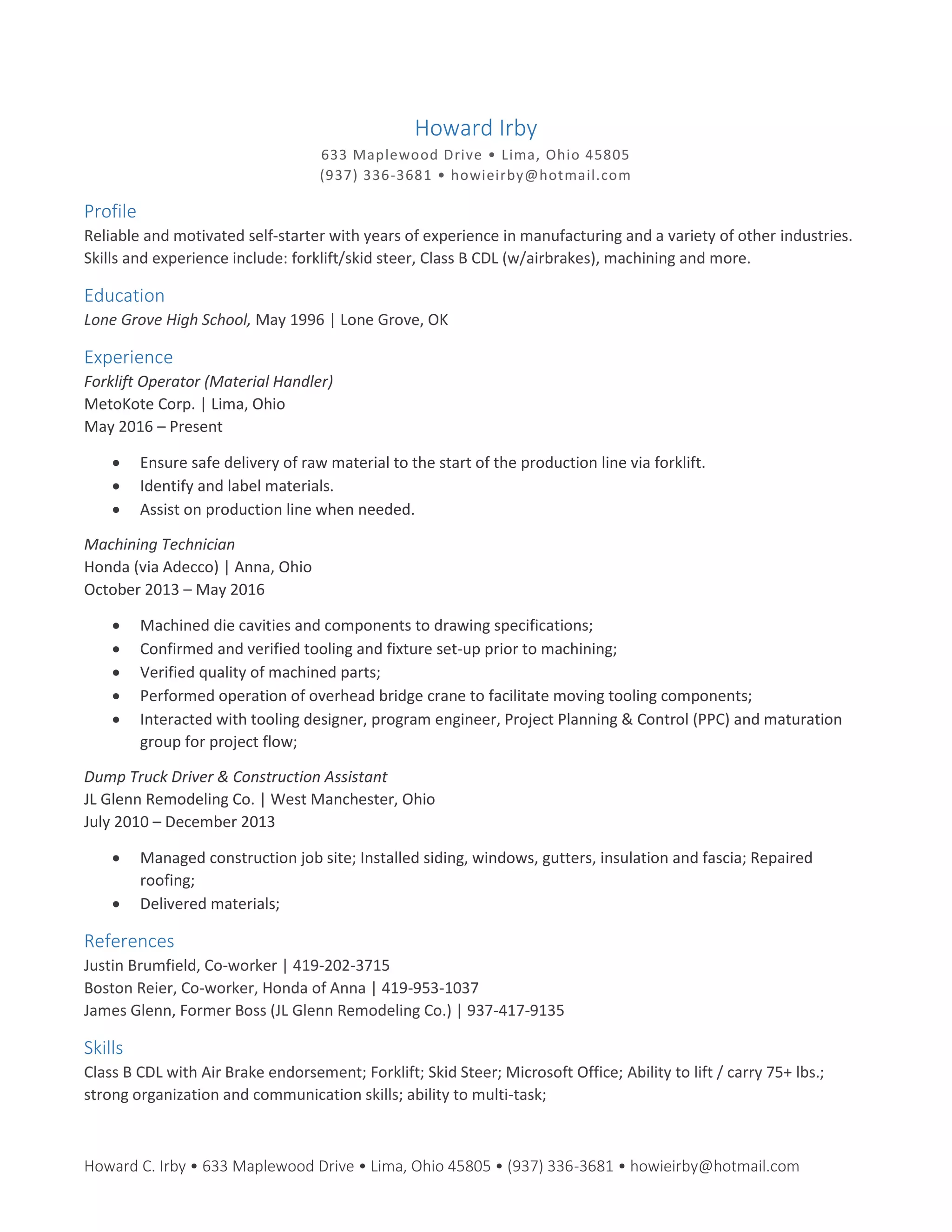 2016 Resume - Howard Irby | PDF | Automotive