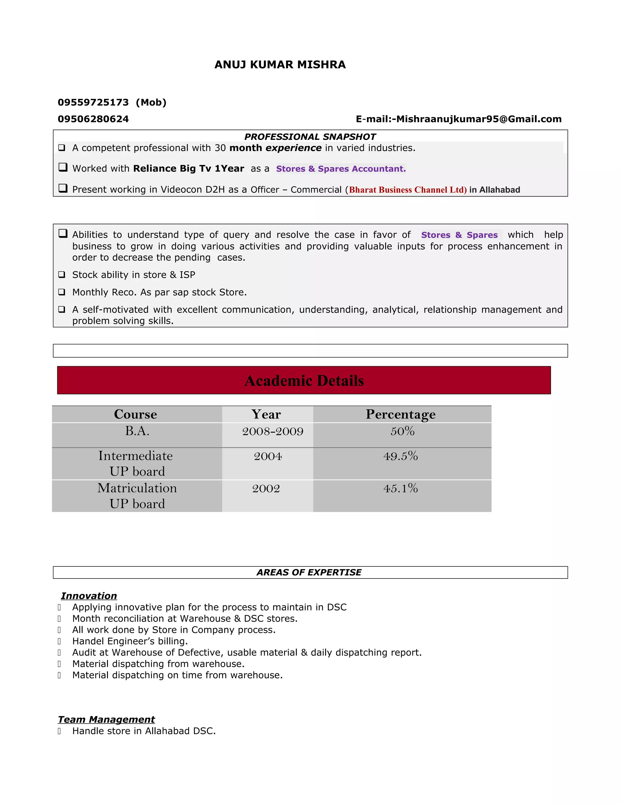 Anuj Kumar Mishra Resume | DOC