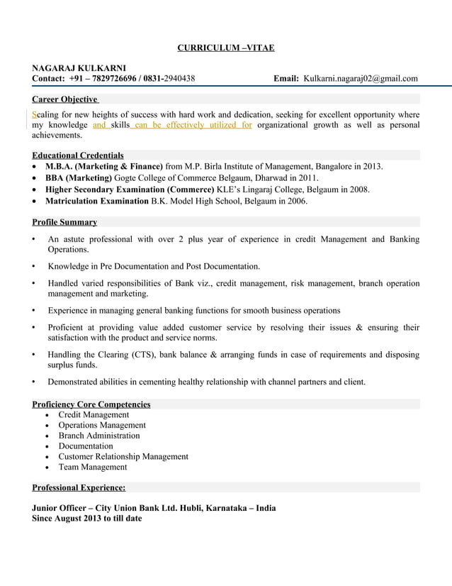 Resume Nagaraj | DOC | Business Banking & Finance | Business