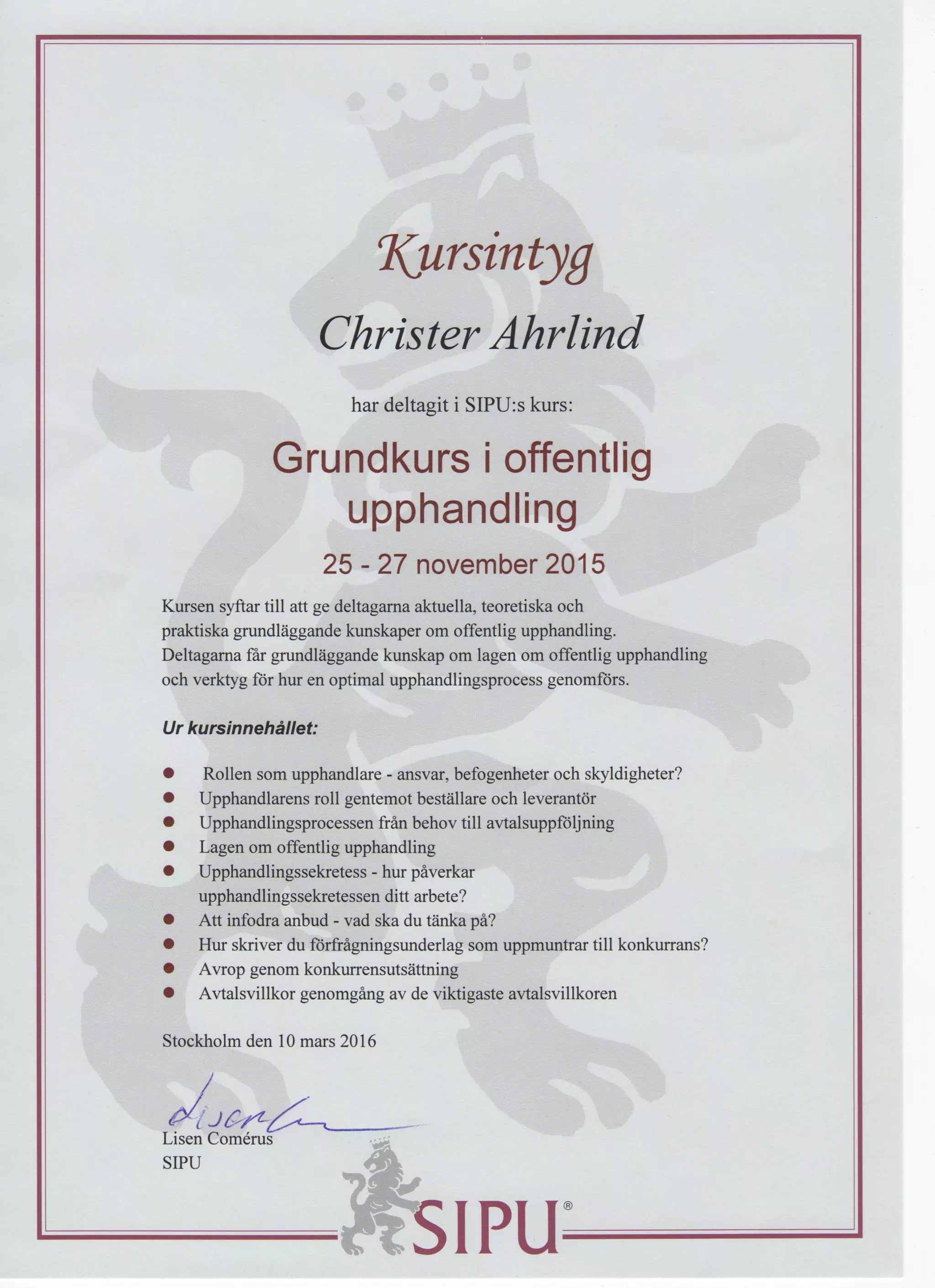 Intyg Grundkurs LOU - 2015-11 | PDF