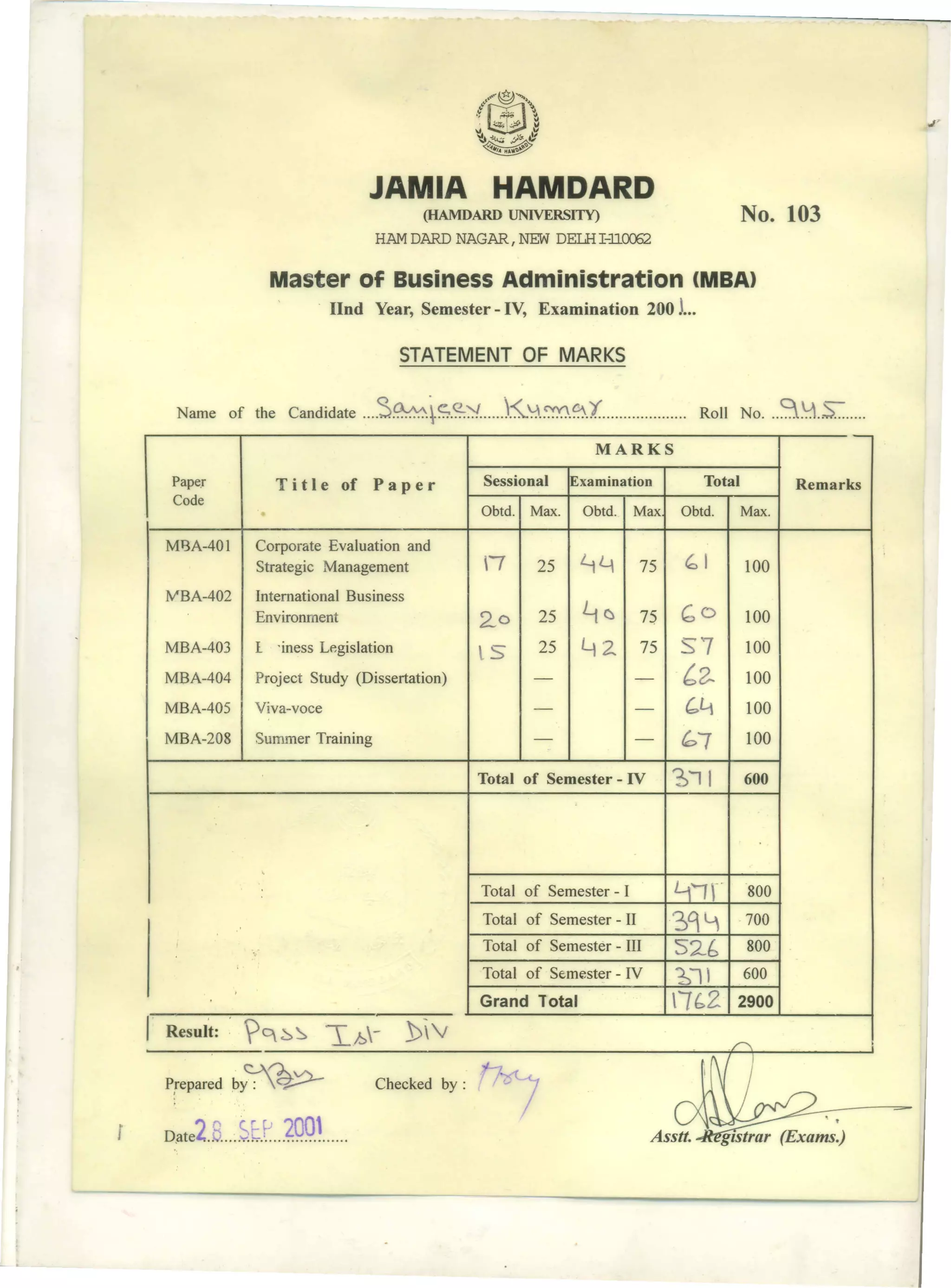 MBA FINAL YEAR MARKSHEET | PDF