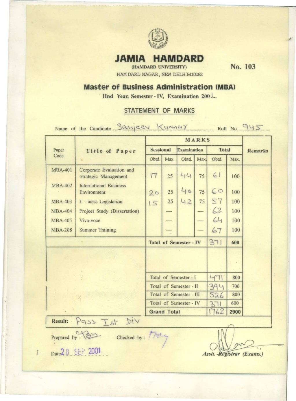 MBA FINAL YEAR MARKSHEET