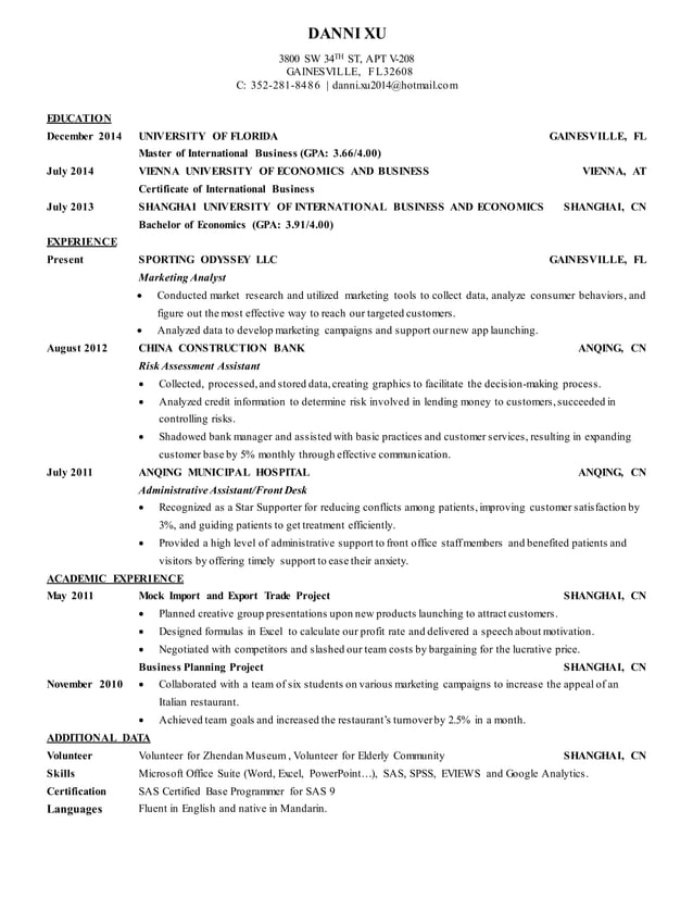 DANNI XU-Resume | DOCX | Business Administration | Business