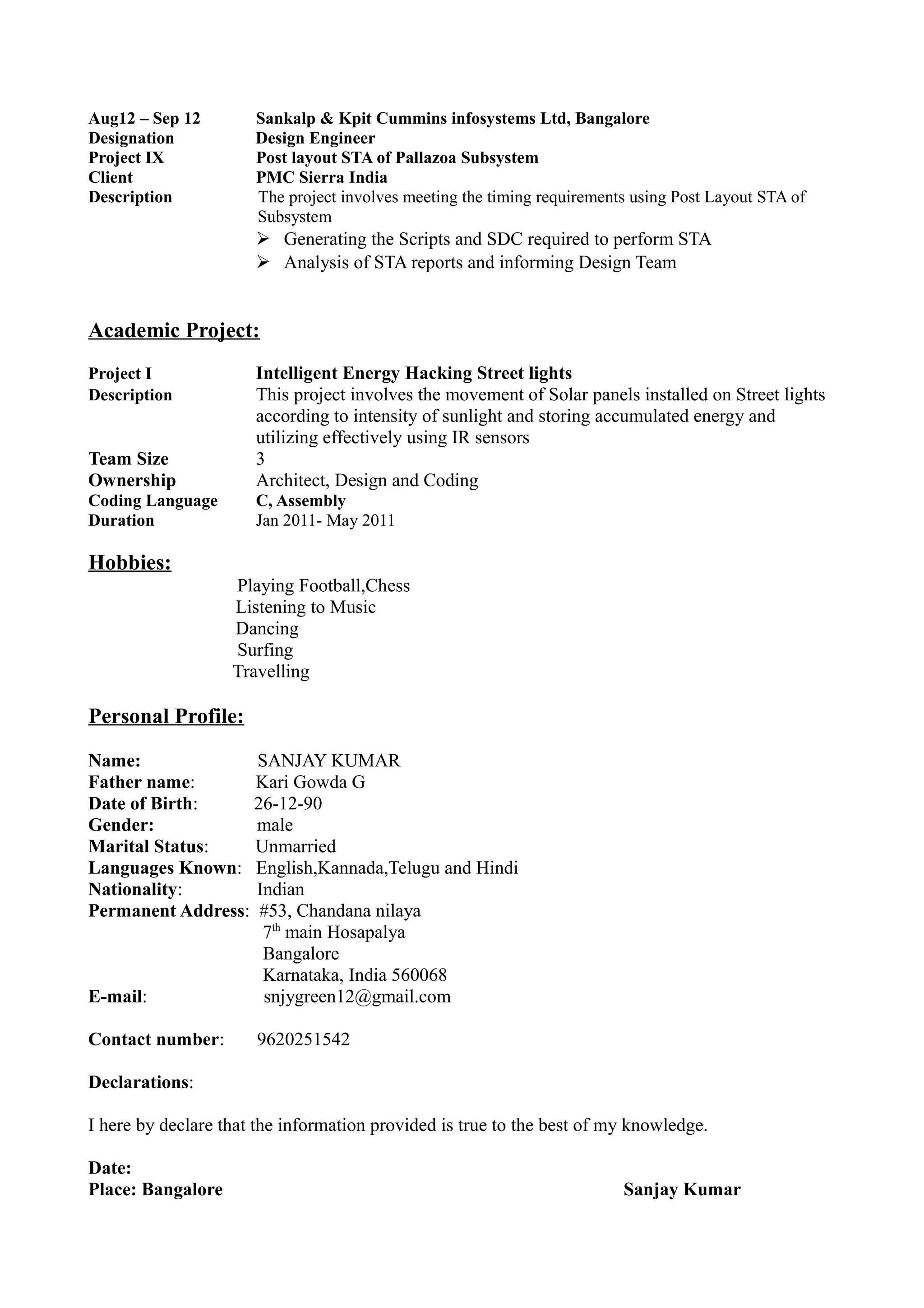 Sanjay Kumar resume | DOC