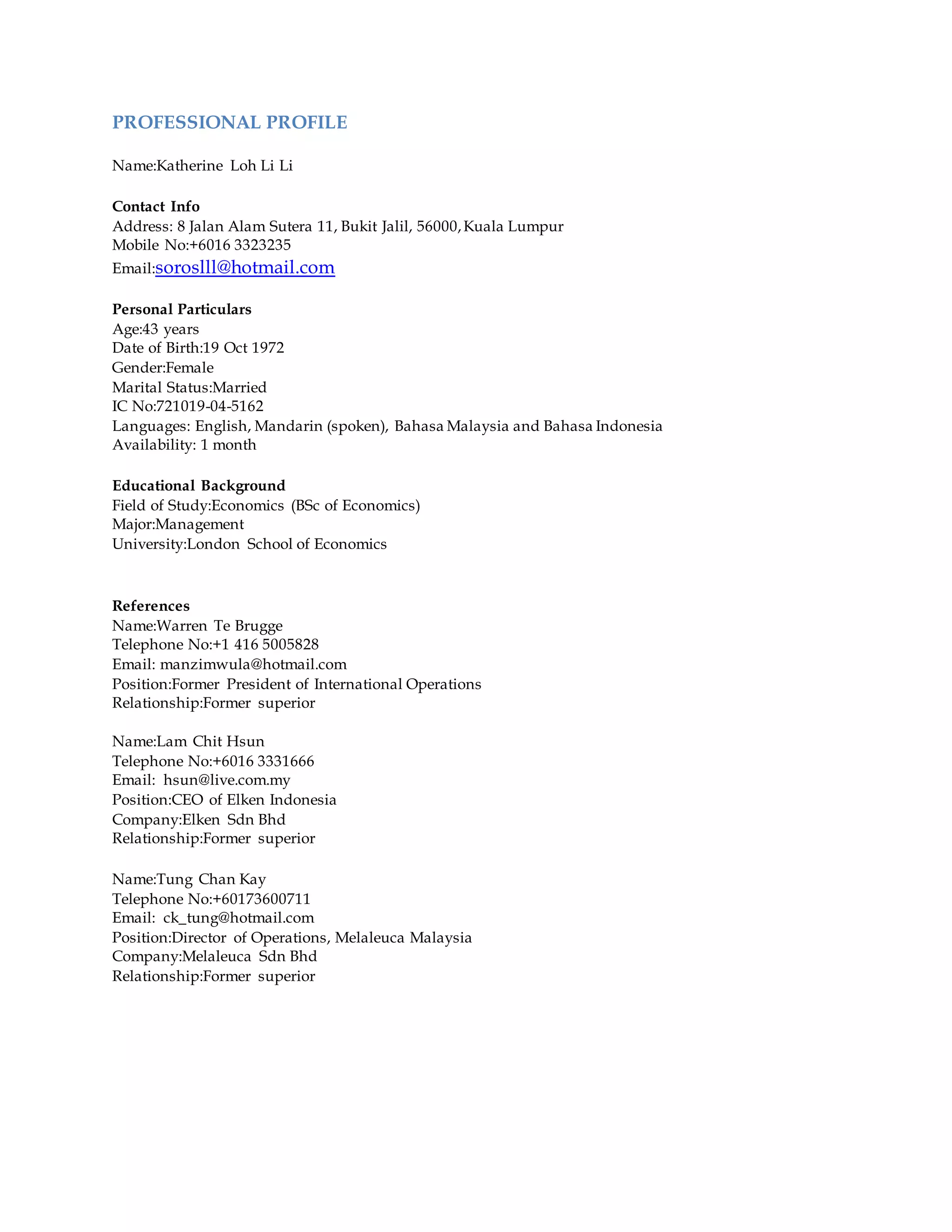 PERSONAL PROFILE LOH LILI | DOCX