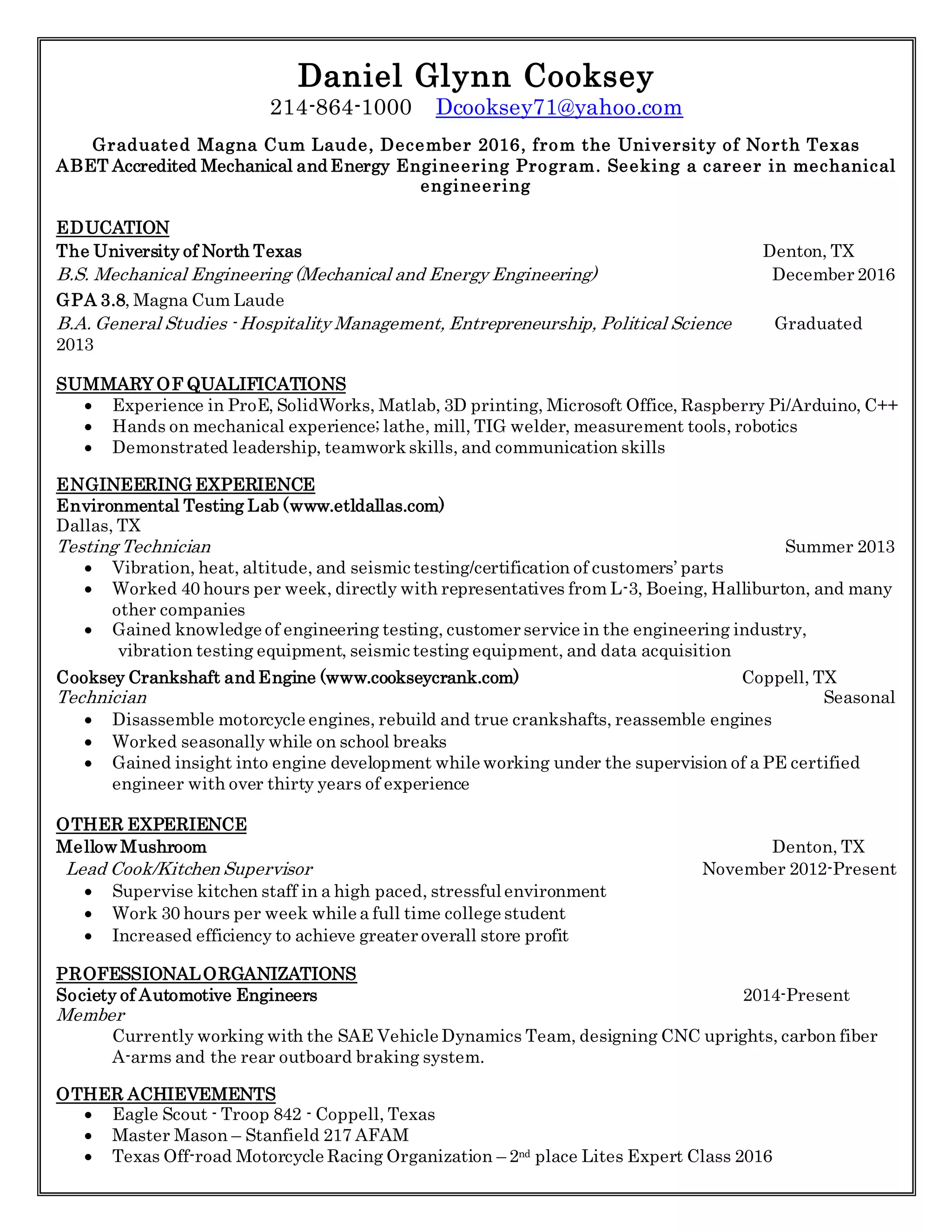 Daniel Cooksey Resume Rev 11-7 | DOCX | Automotive
