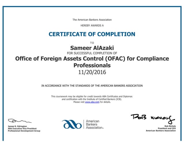 Certificate for ABA,OFAC Course | PPT