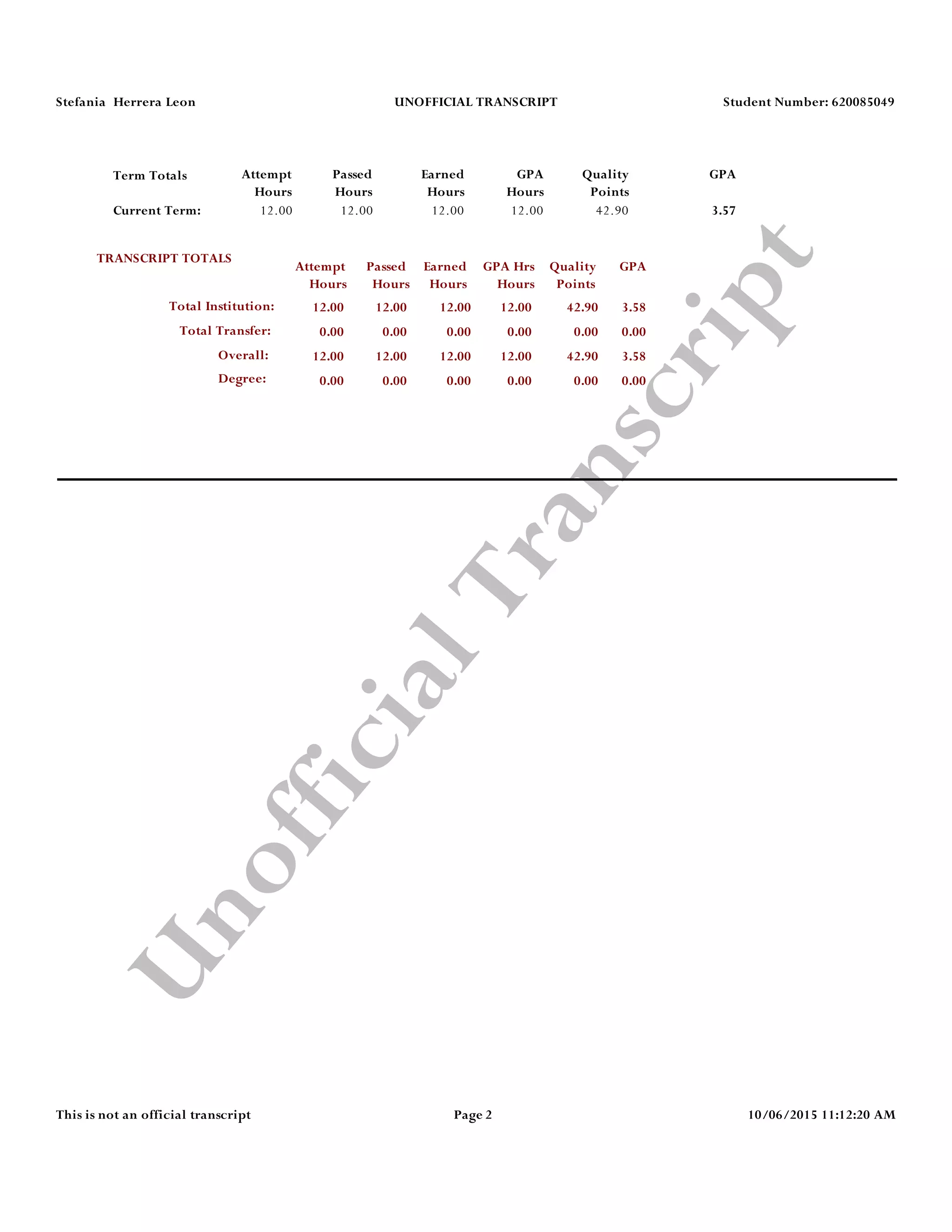 UnofficialTranscript Stefania | PDF