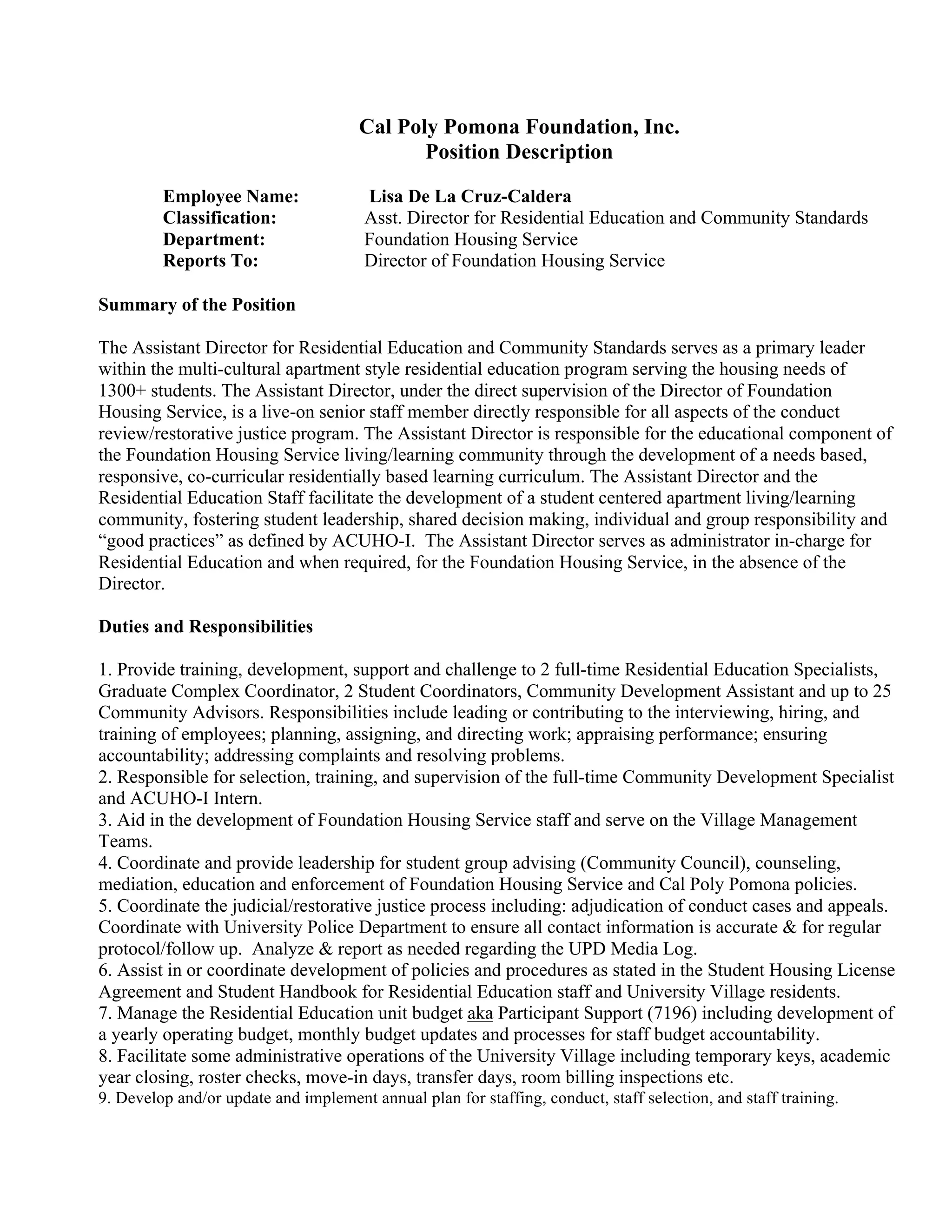Cal Poly Pomona Foundation, Assistant Director Job Description | PDF