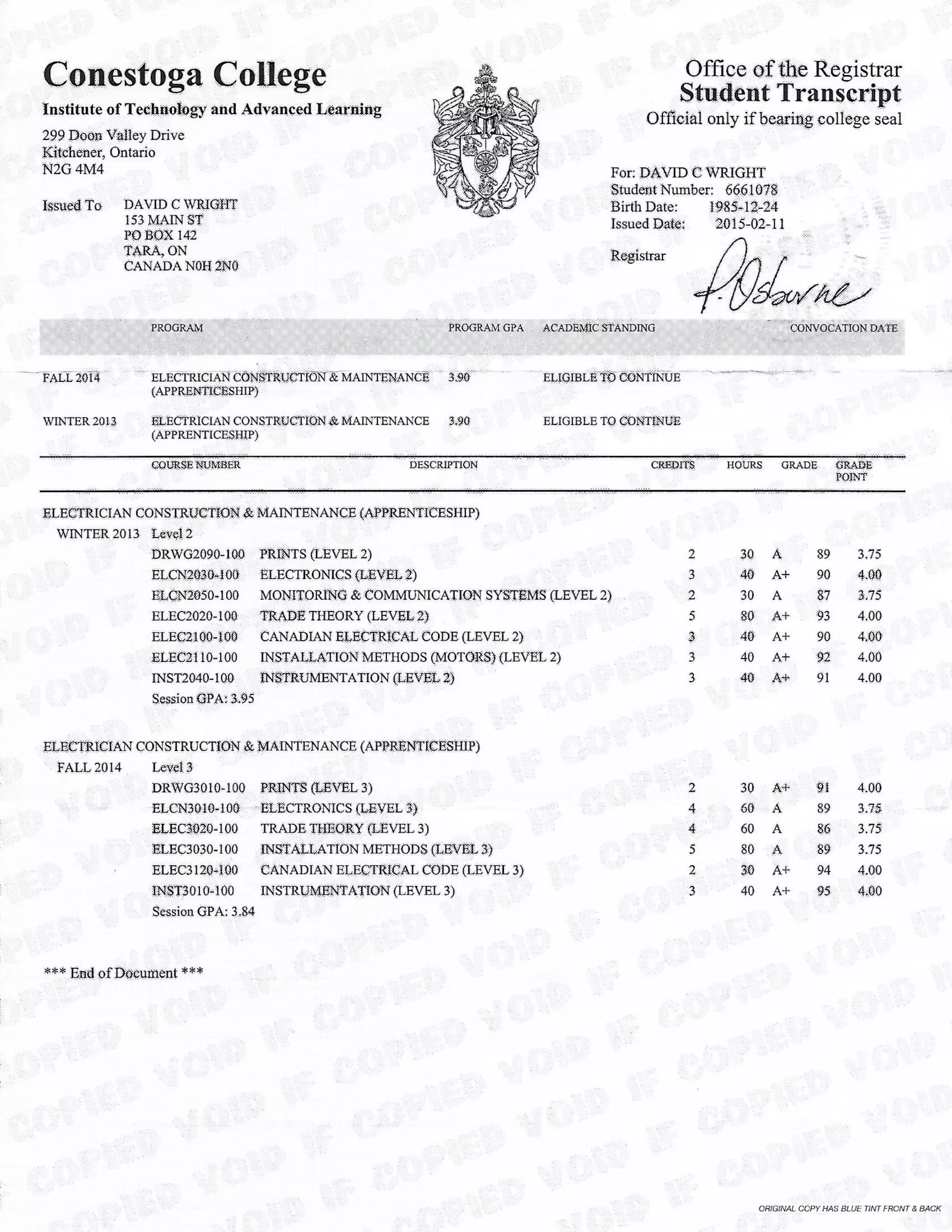 Conestoga Transcript | PDF