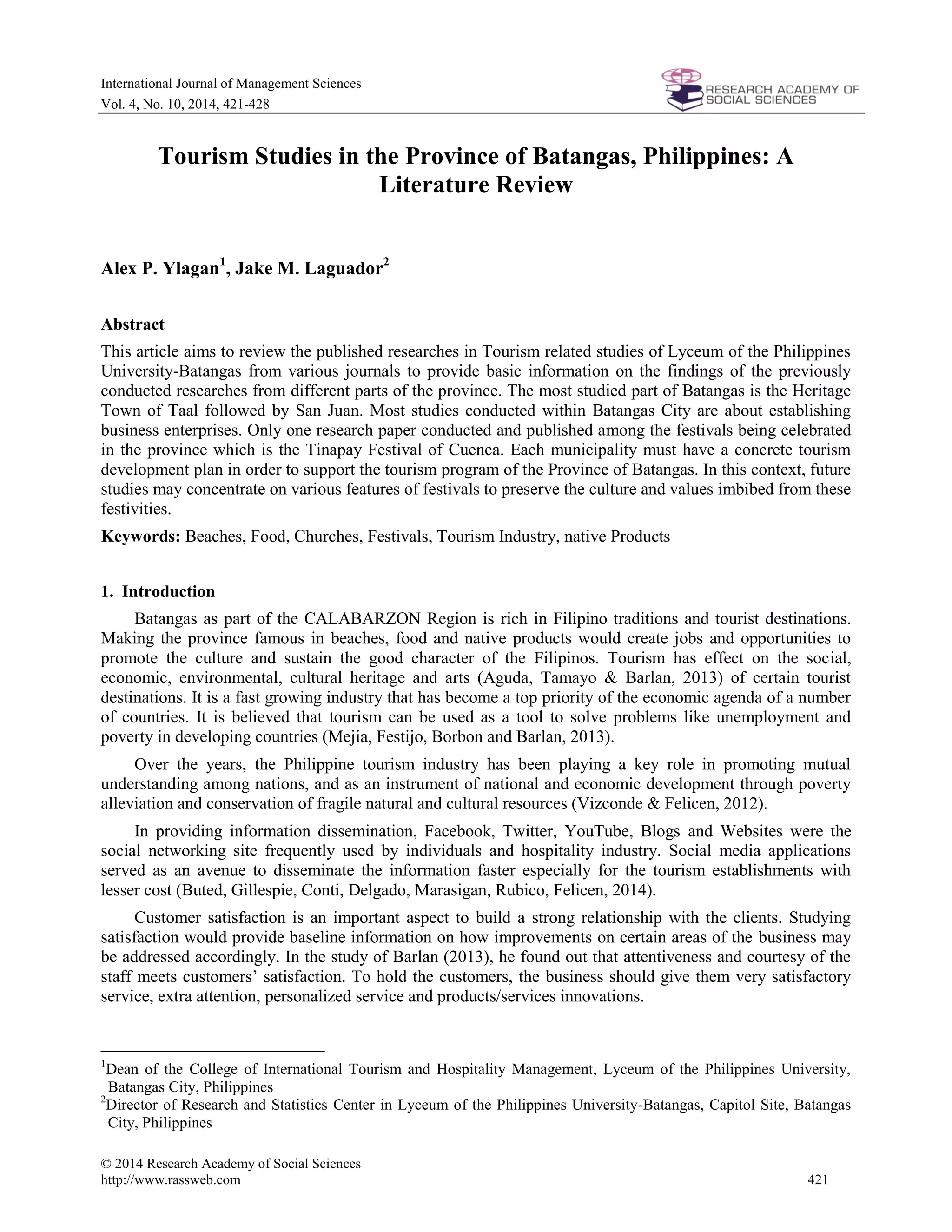 Tourism Studies in Batangas | PDF