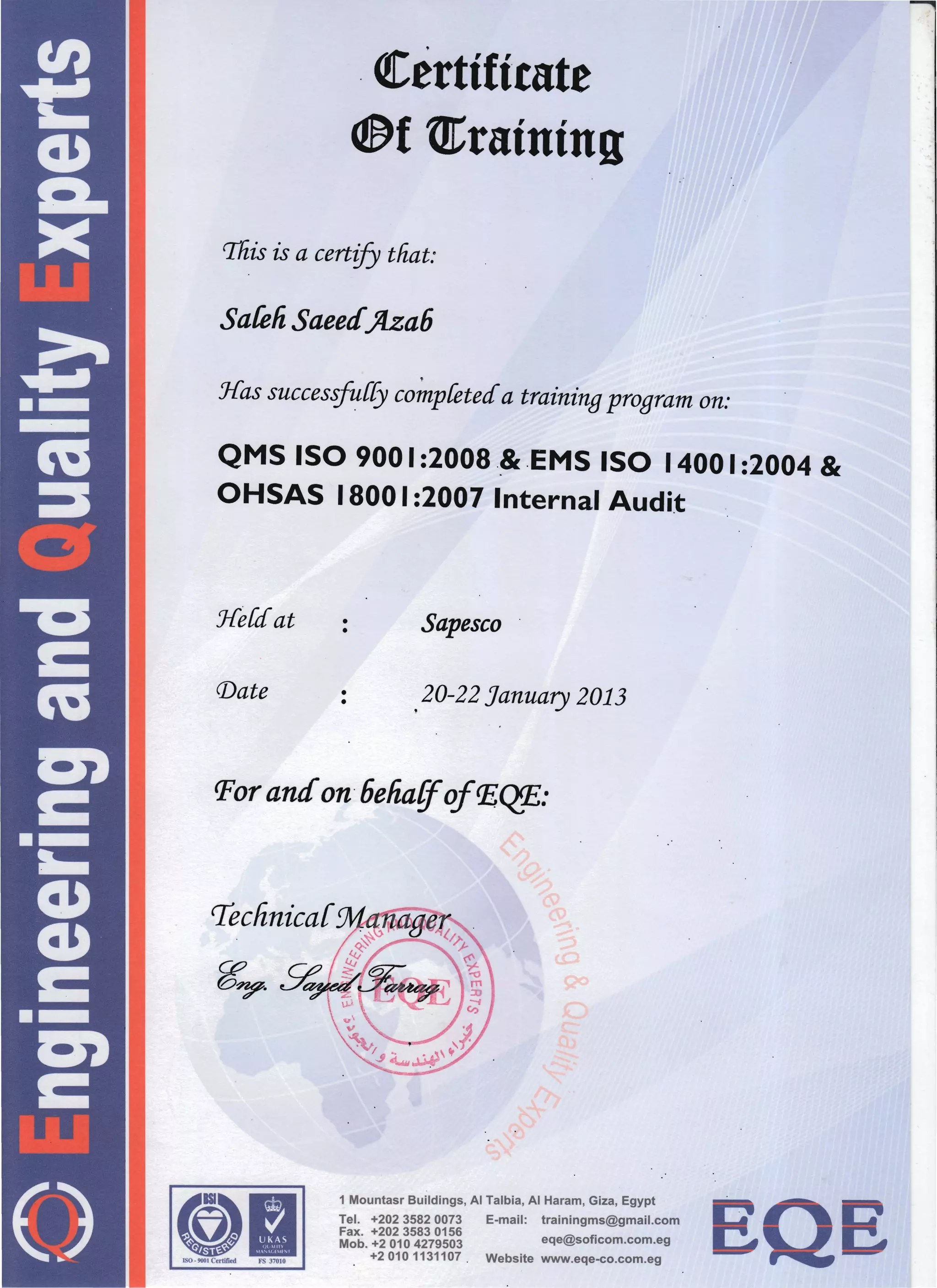 Internal Auditor QMS Iso 9001 & EMS 14001 & OHSAS 18001 | PDF