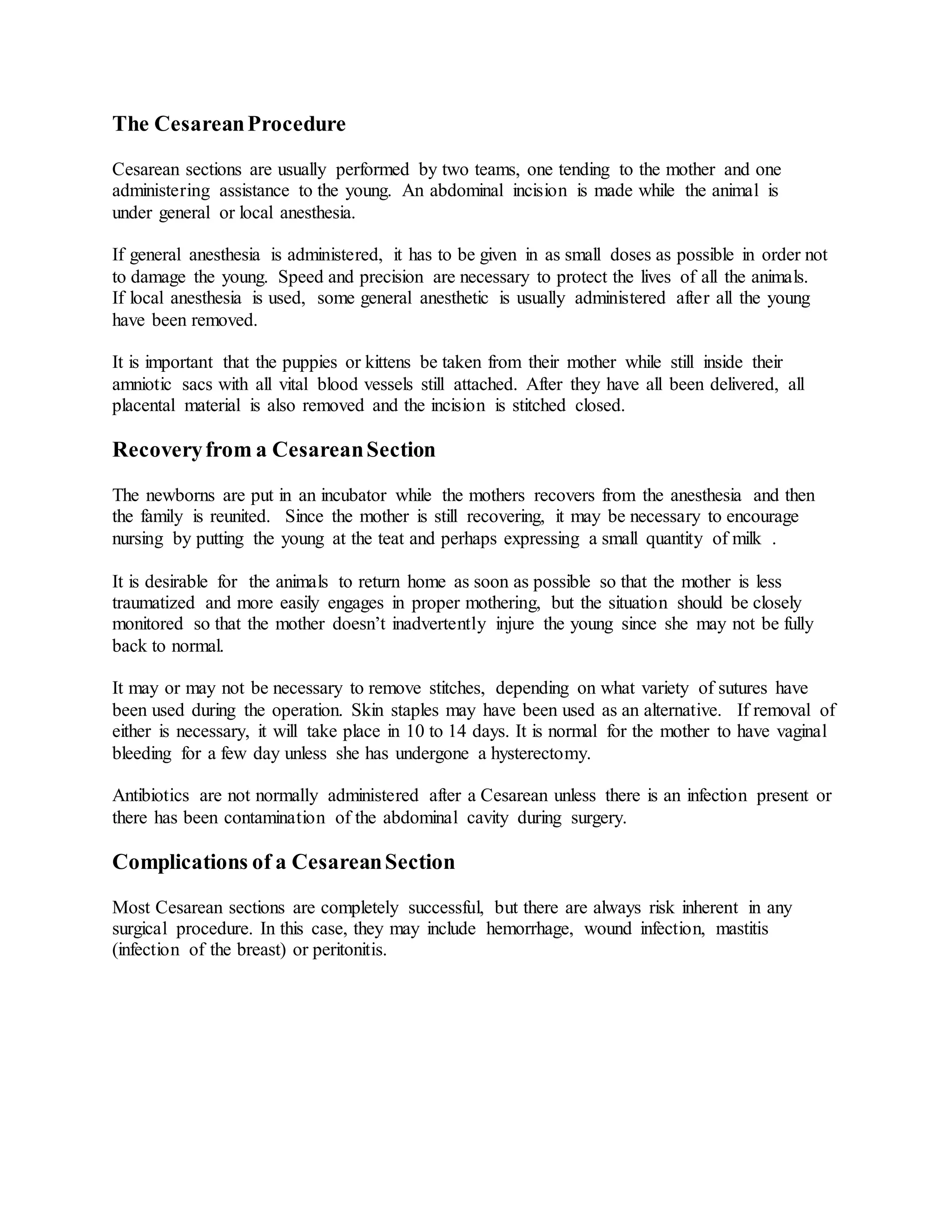 Cesarean Section in Animals | DOCX