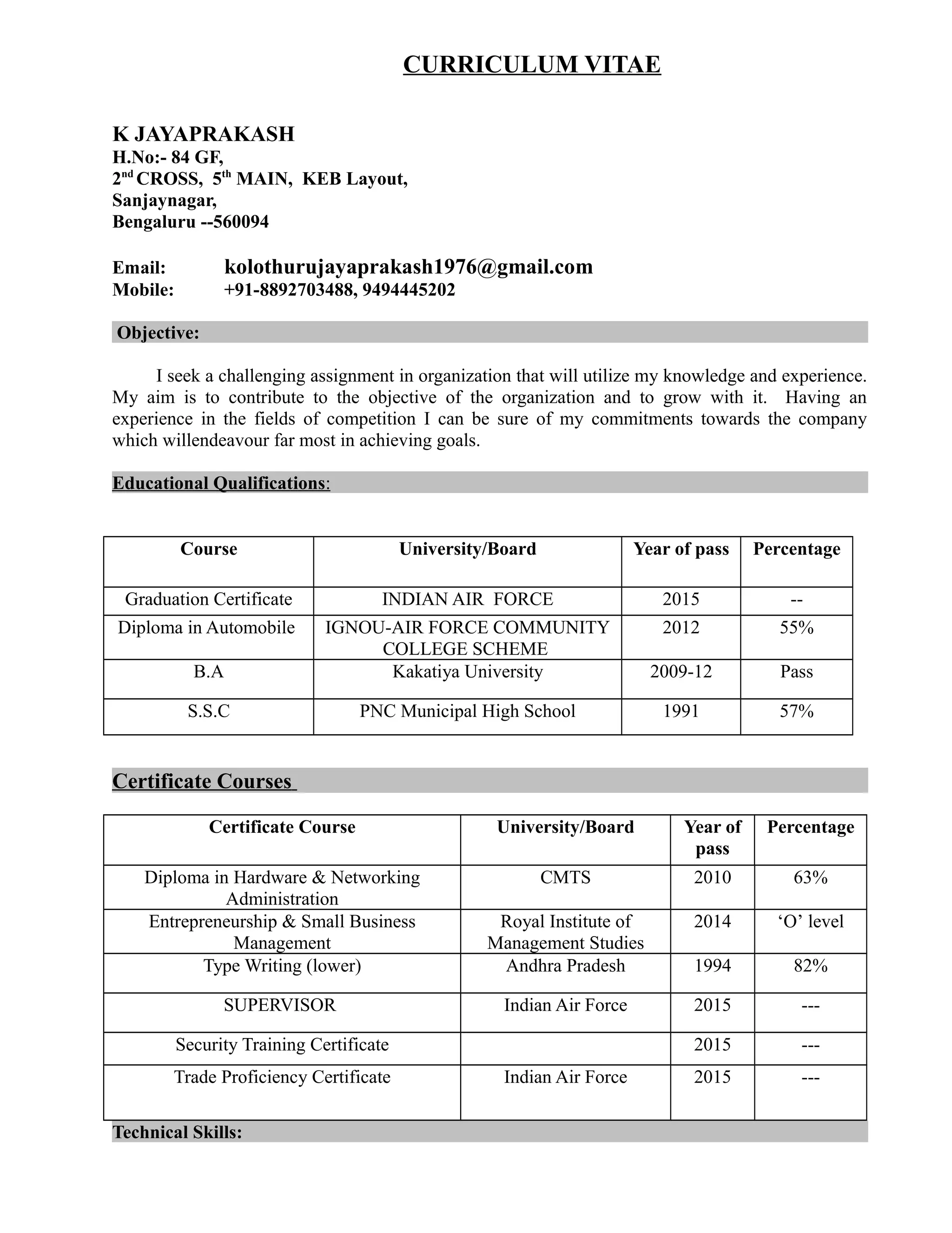 K Jayaprakash Resume | DOC | Business Administration | Business