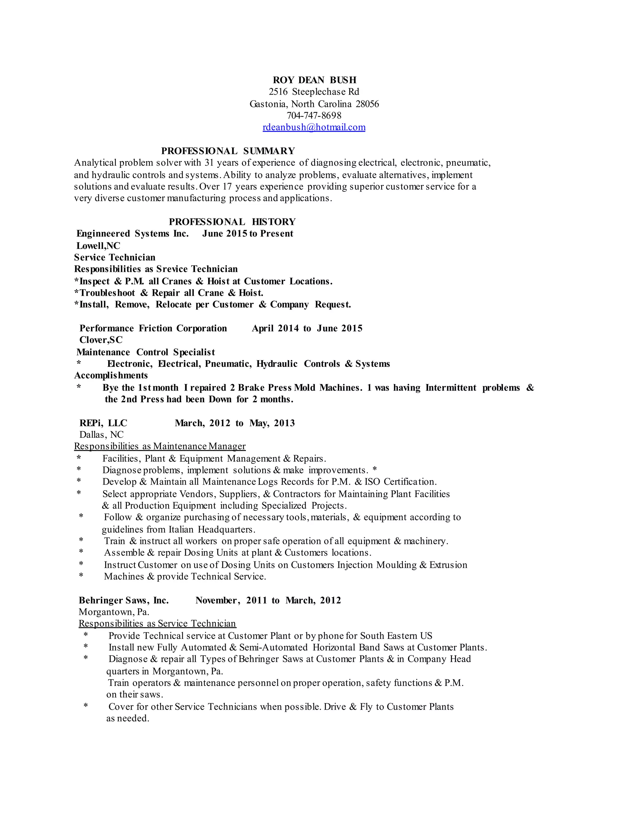 Roy Dean Bush Resume | DOCX