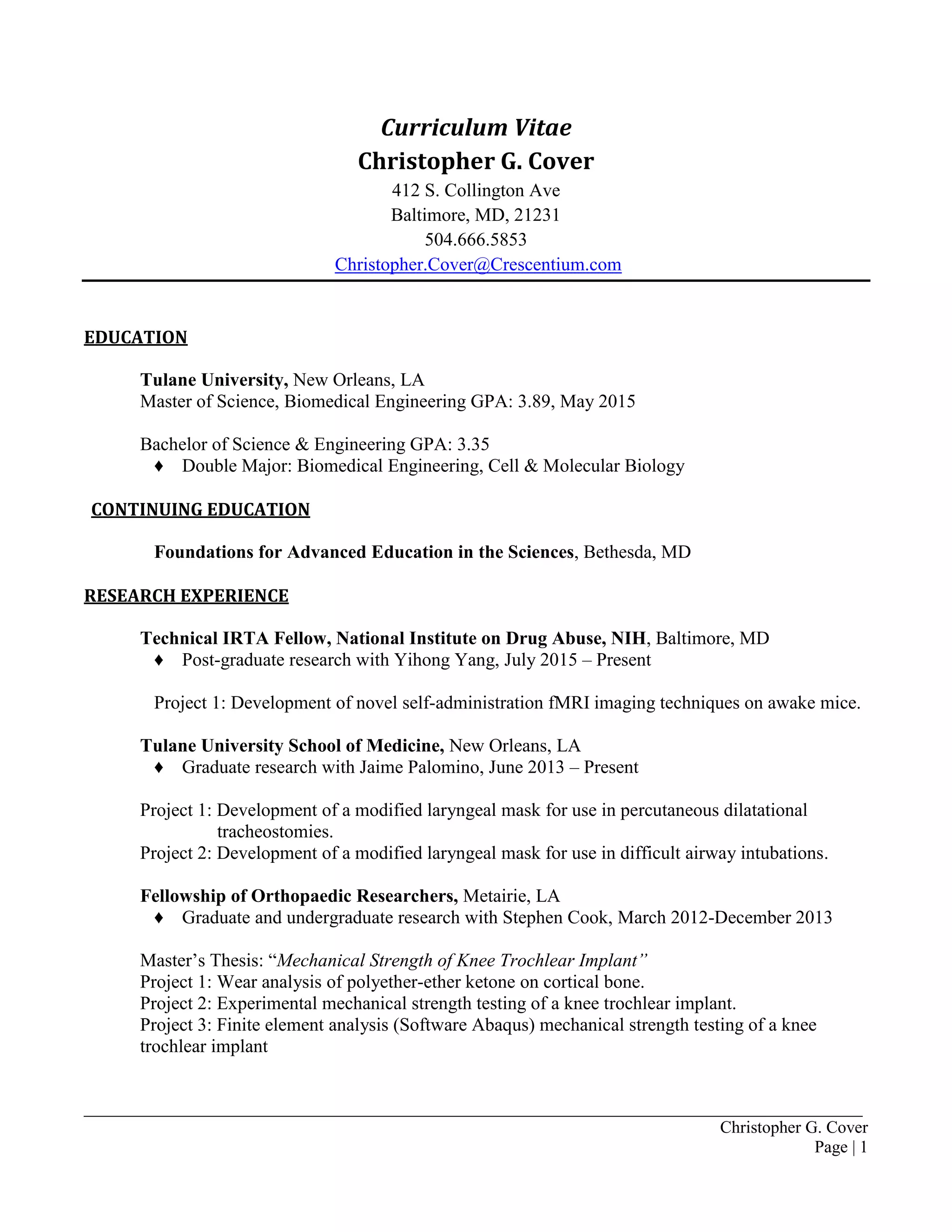 Christopher Cover - CV | PDF