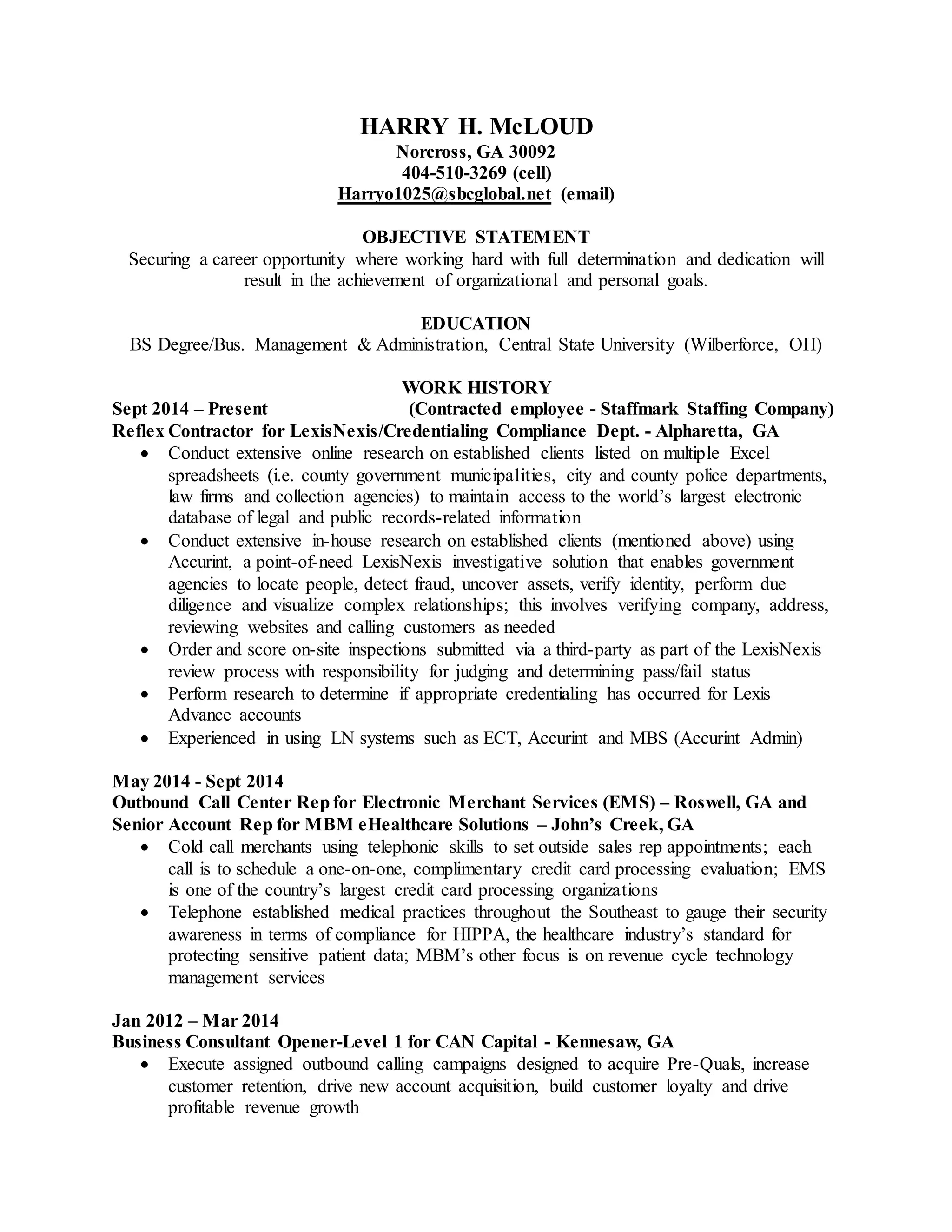 Harry H. McLoud Business Resume 1 | PDF