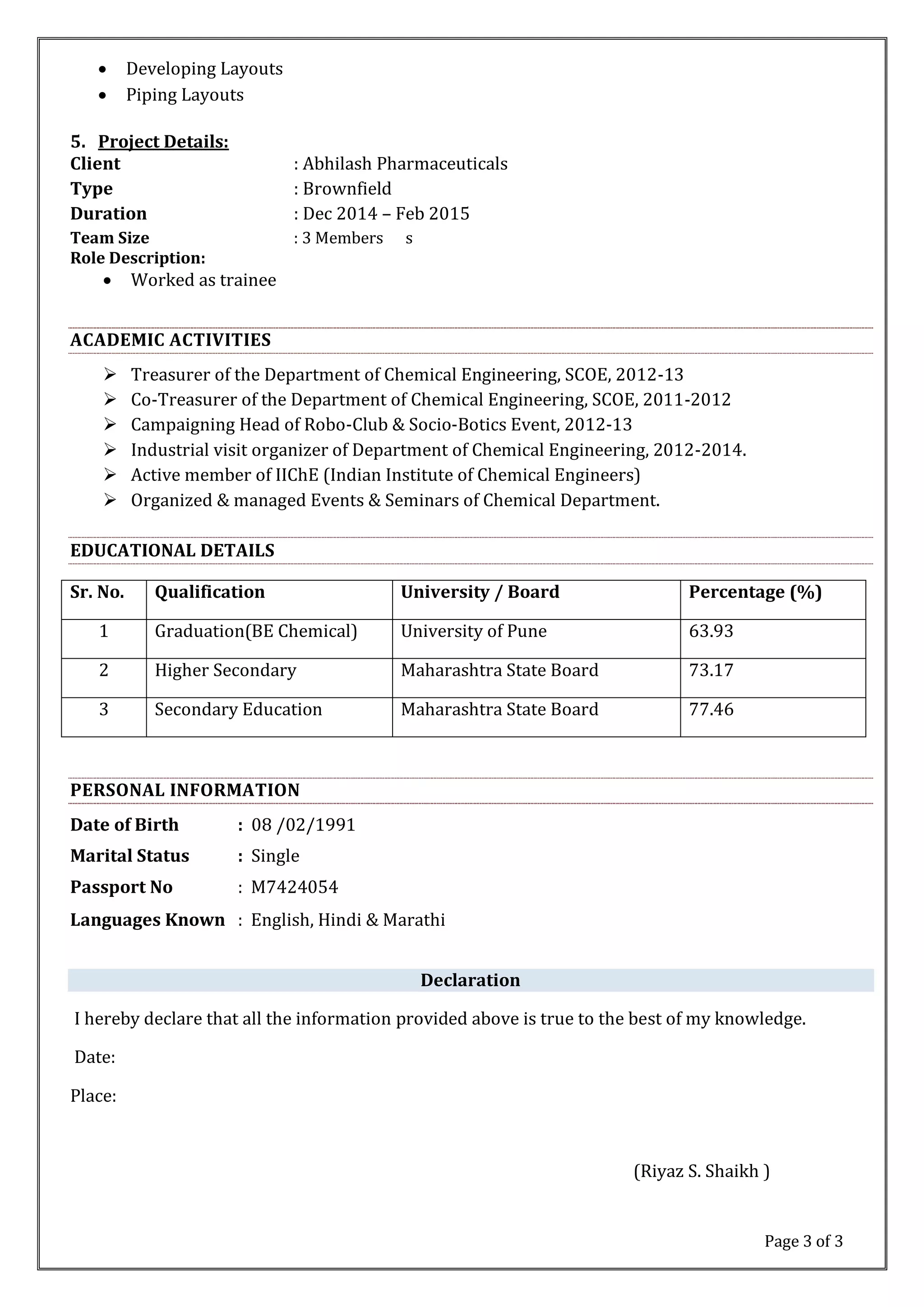 Riyaz Shaikh_2+yr_Process Engineer | PDF