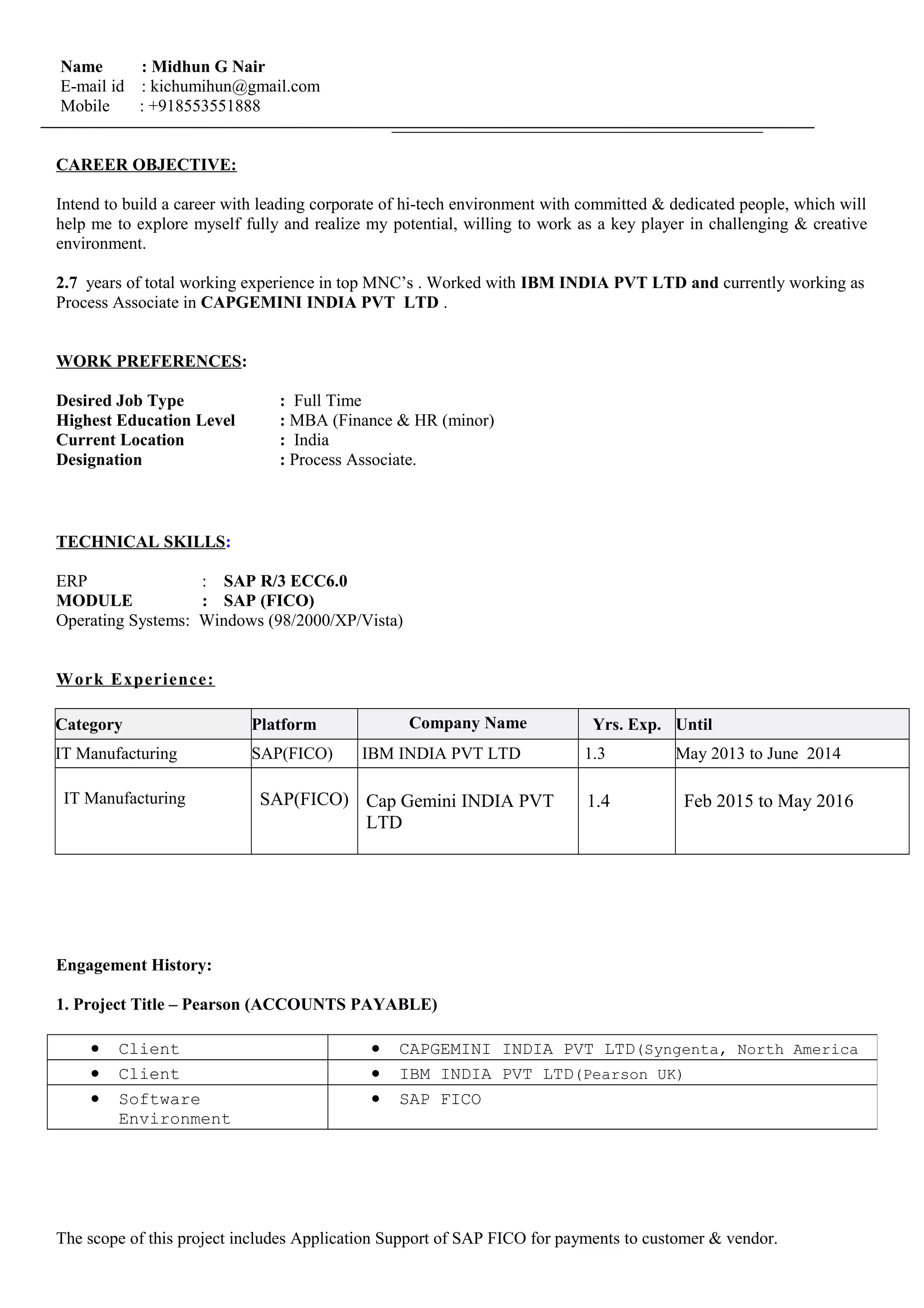 Midhun Resume' 2016 | DOC