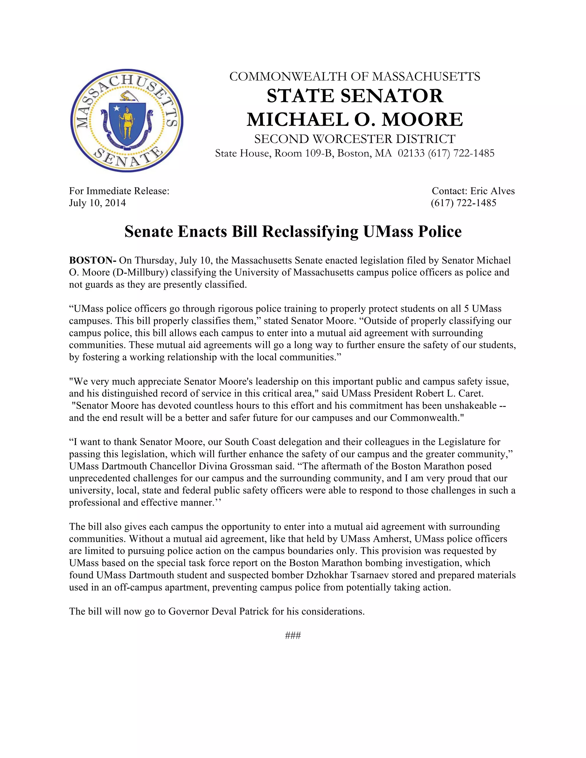 PRESS RELEASE Senate Enacts Bill Reclassifying UMass Police | PDF