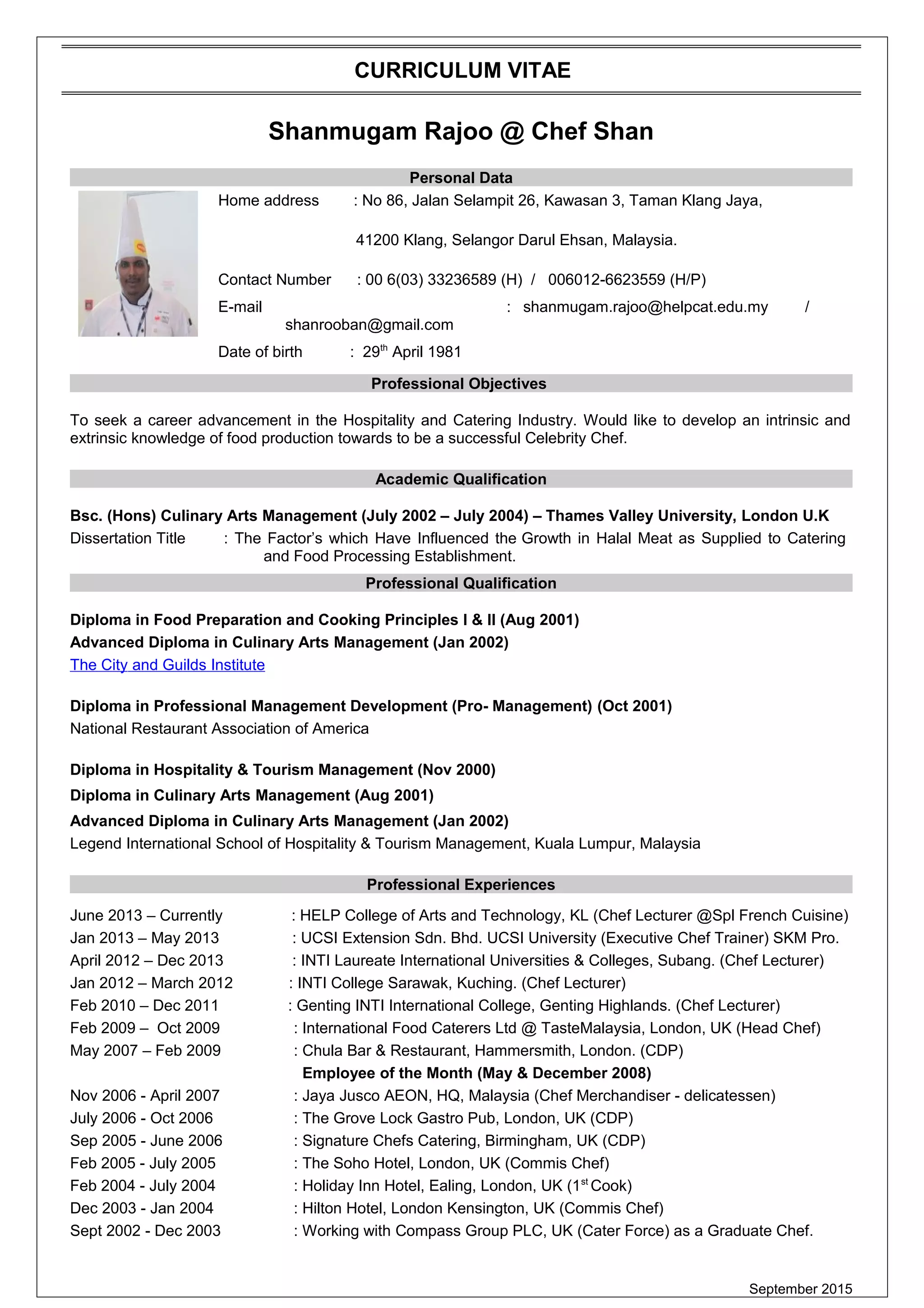 CHEF SHAN'S CV - PHOTO (Chef) 1 | DOC