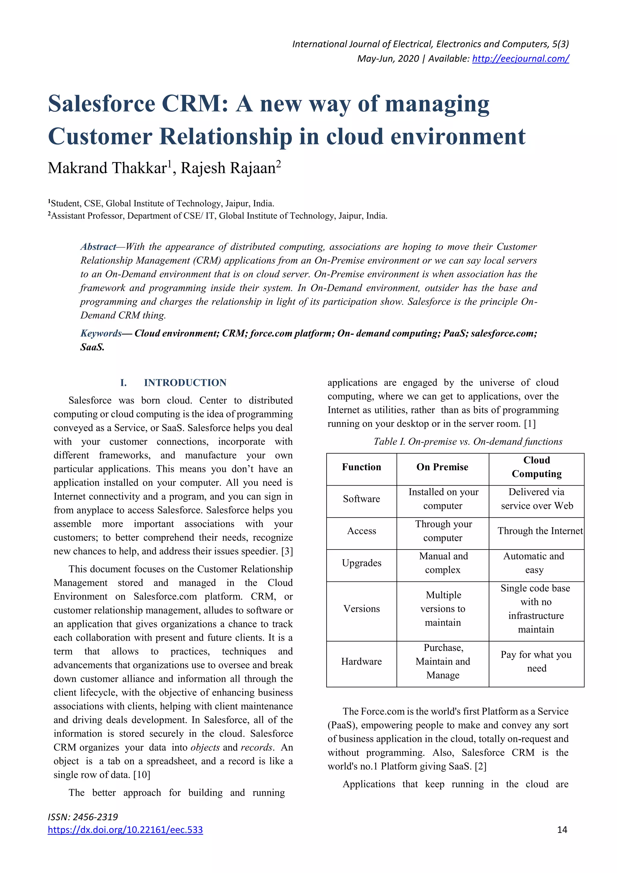 Salesforce CRM: A new way of managing Customer Relationship in cloud environment | PDF