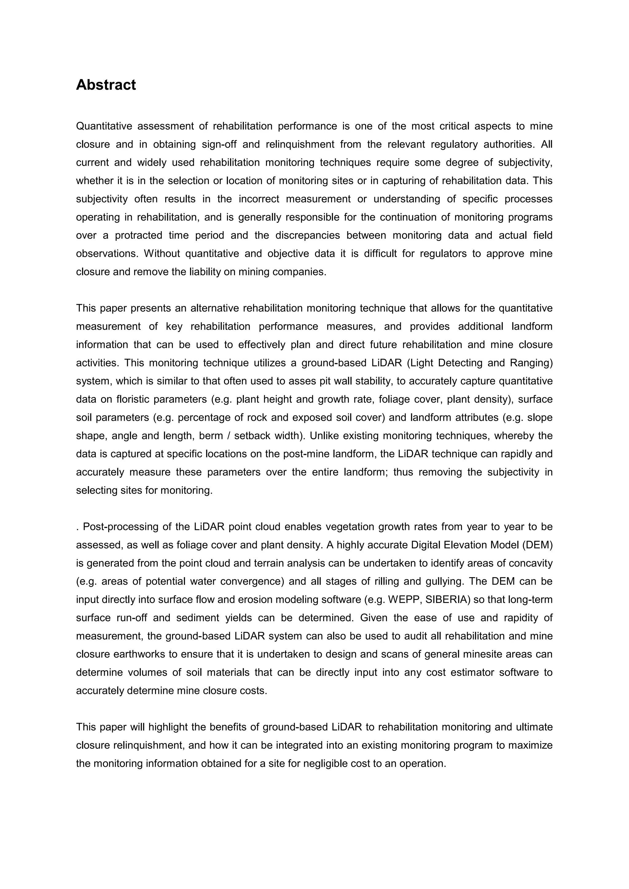 The use of LiDAR in rehabilitation performance and landform stability monitoring Final | PDF