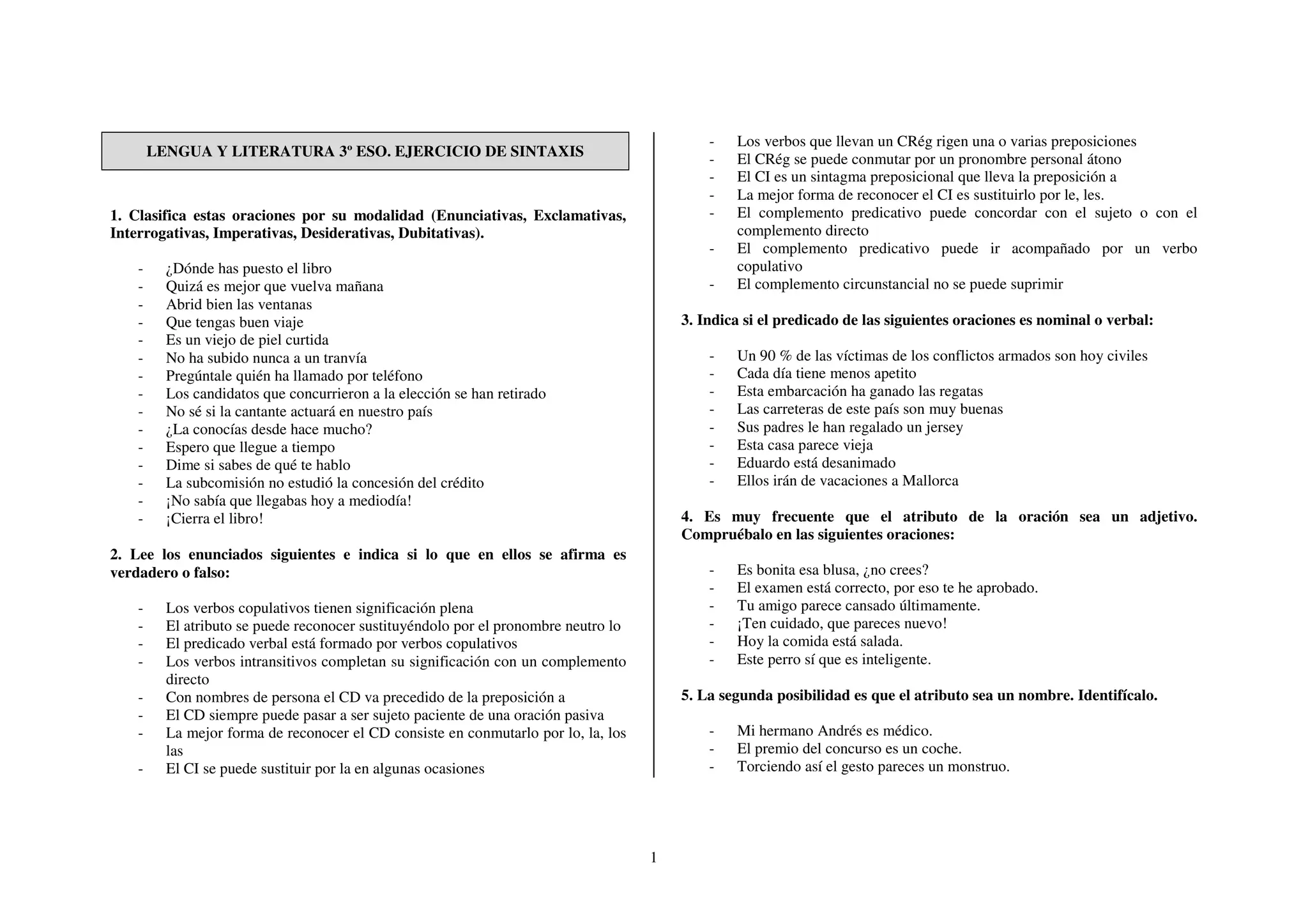 Ejercicios de Sintaxis. Documento pdf con ejercicios de sintaxis | PDF