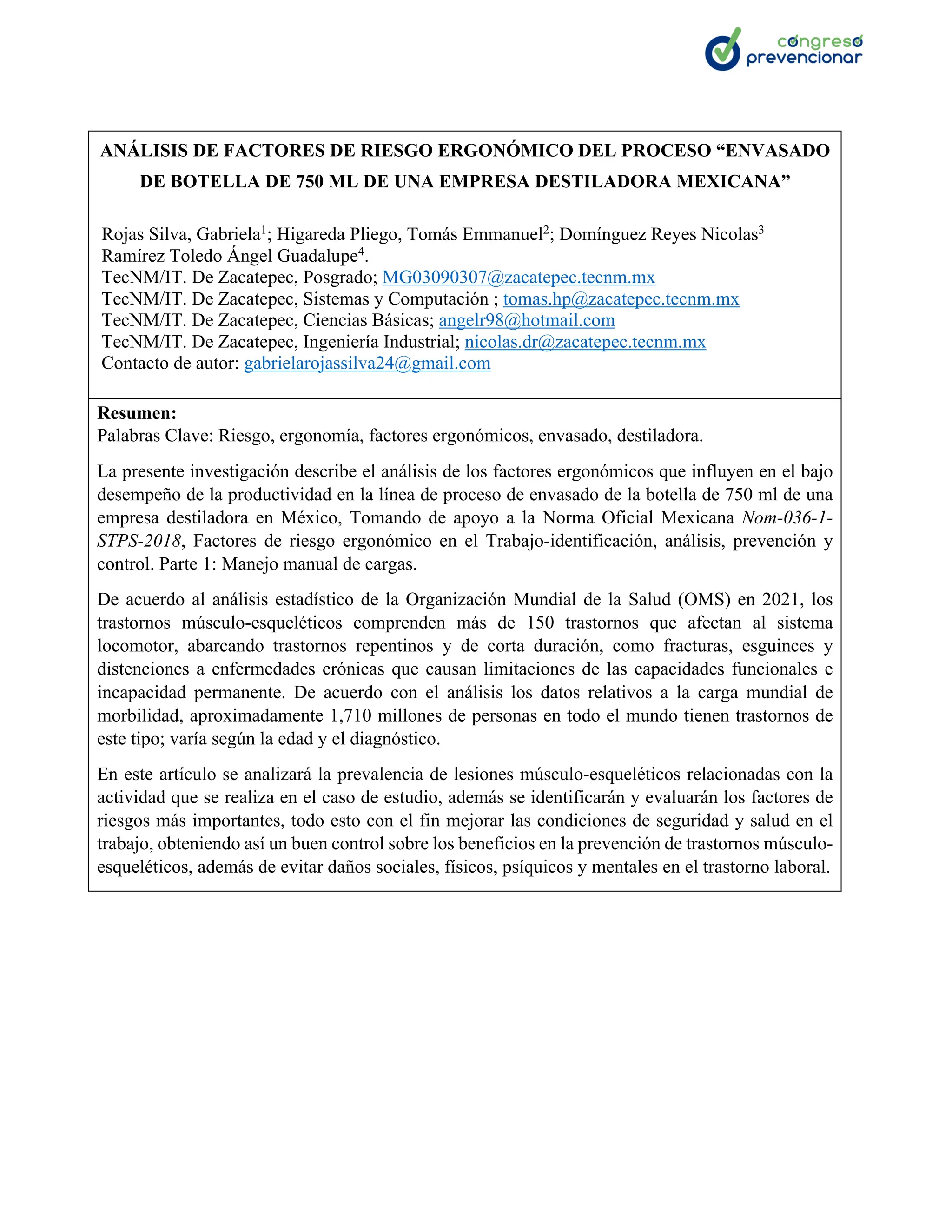 Análisis de factores de riesgos ergonómico del proceso “envasado de ...