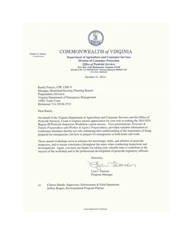 Letter of Appreciation from Virginia Department of Agriculture ...