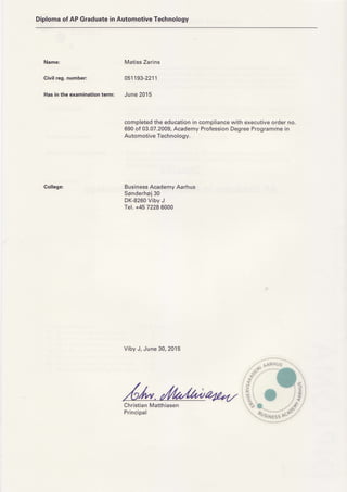 Automotive Technology Diploma_Matiss Zarins | PDF