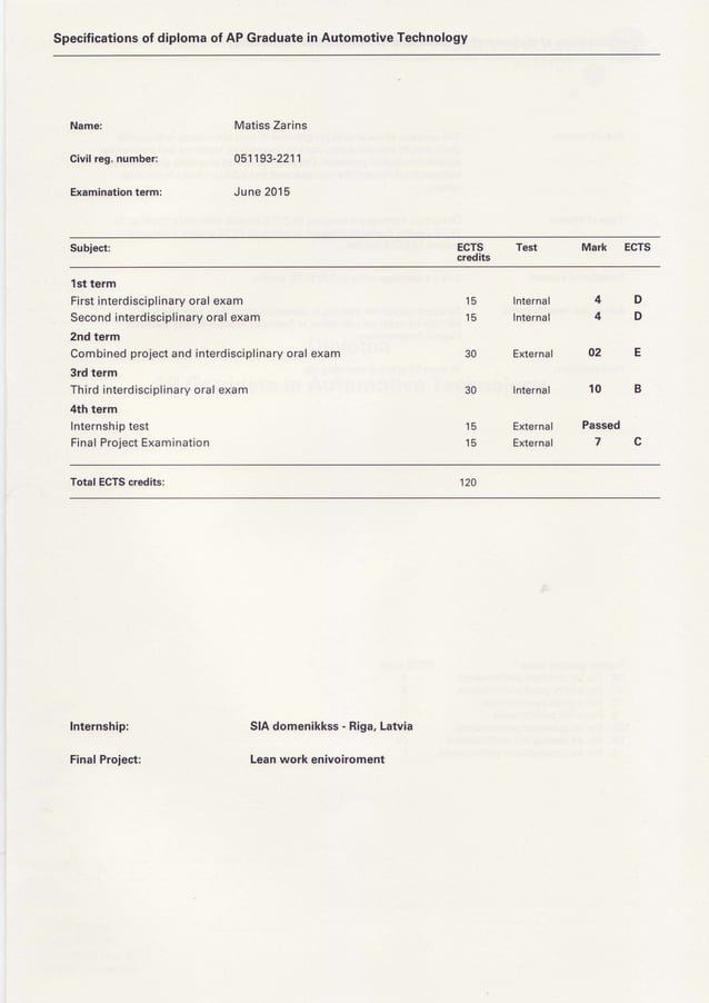 Automotive Technology Diploma_Matiss Zarins | PDF