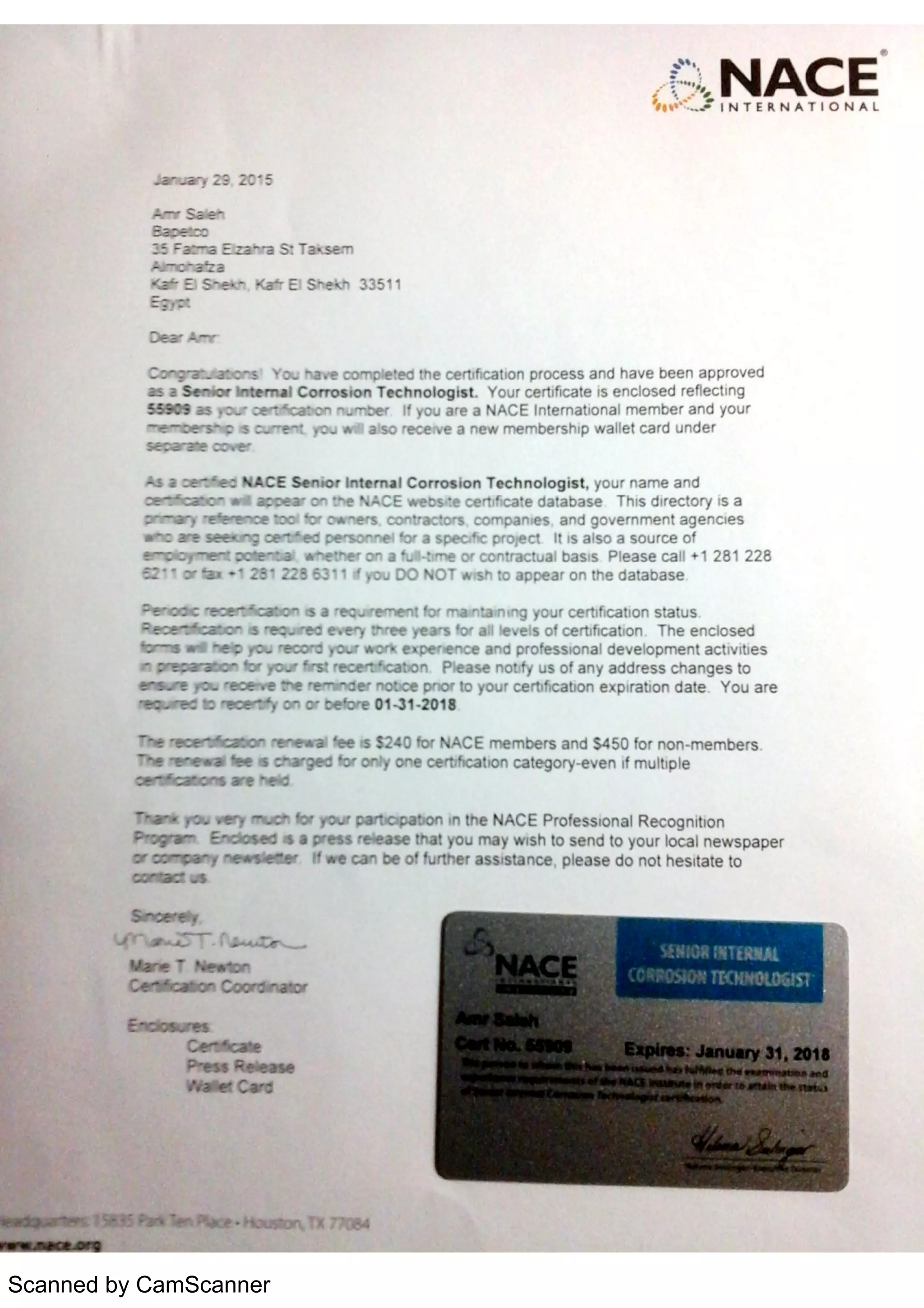 Nace senior certificate | PDF