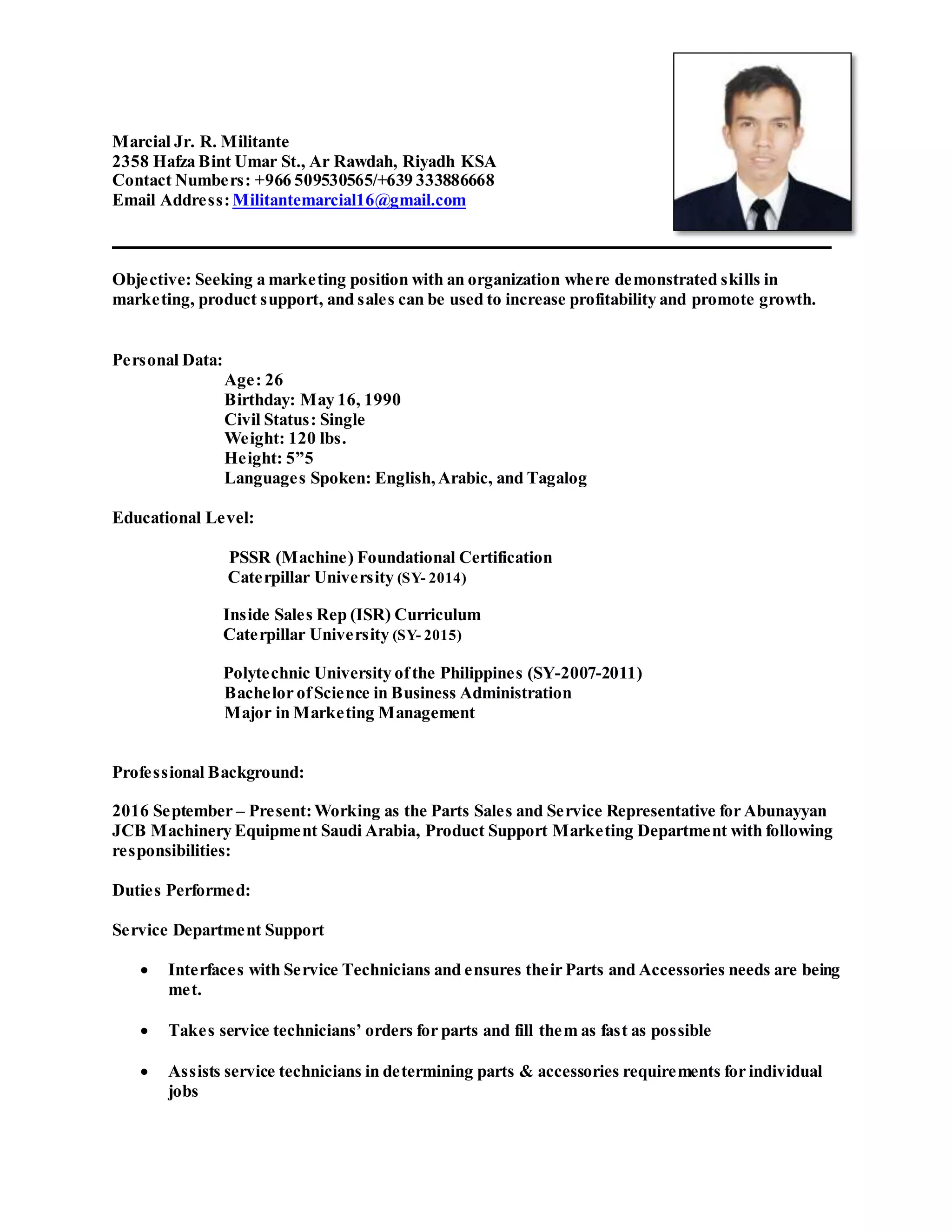 Marcial Resume 2017 | DOCX | Sales | Business
