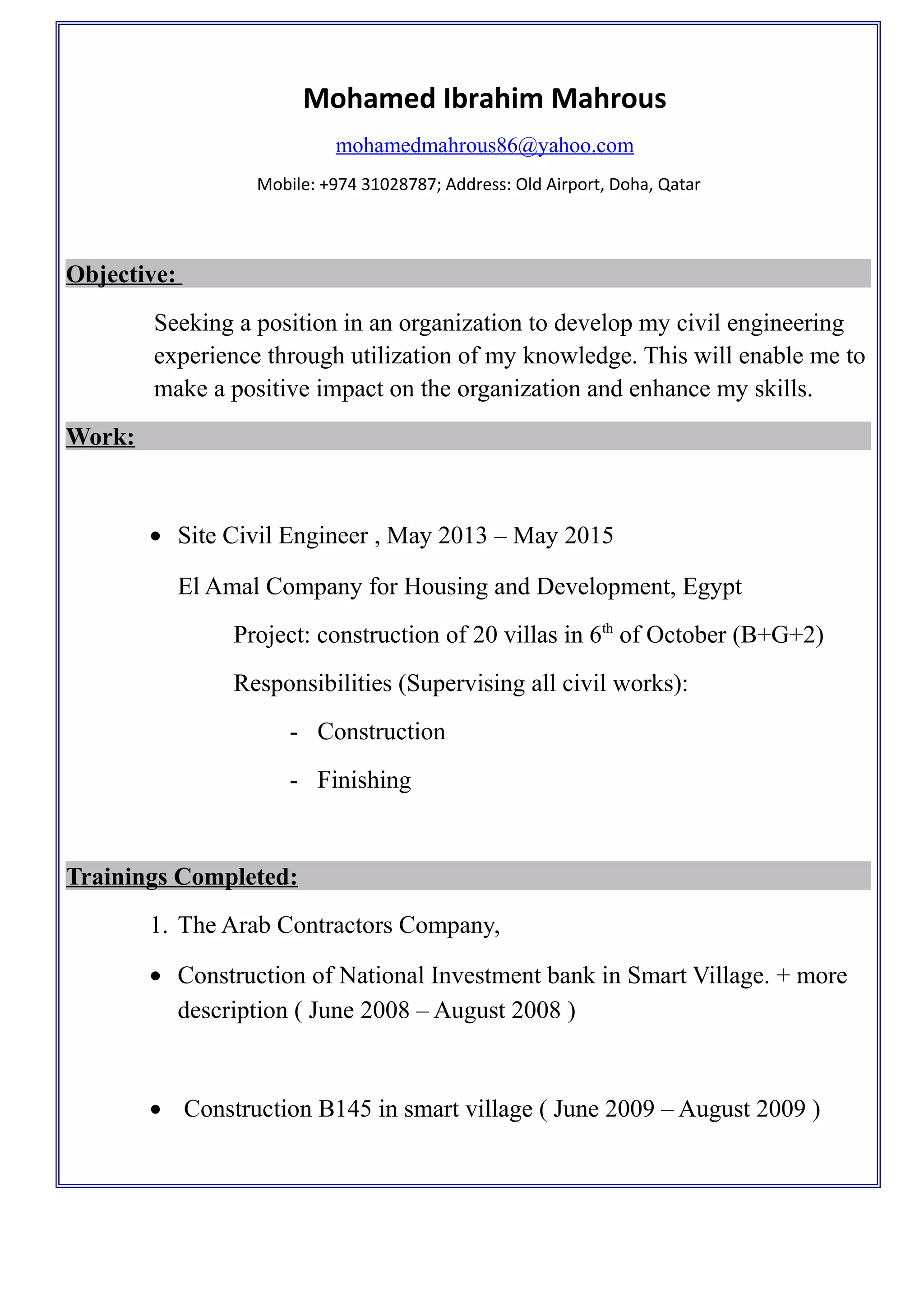 Mohamed.Mahrous_CV | DOC | Civil Engineering Industry | Industries