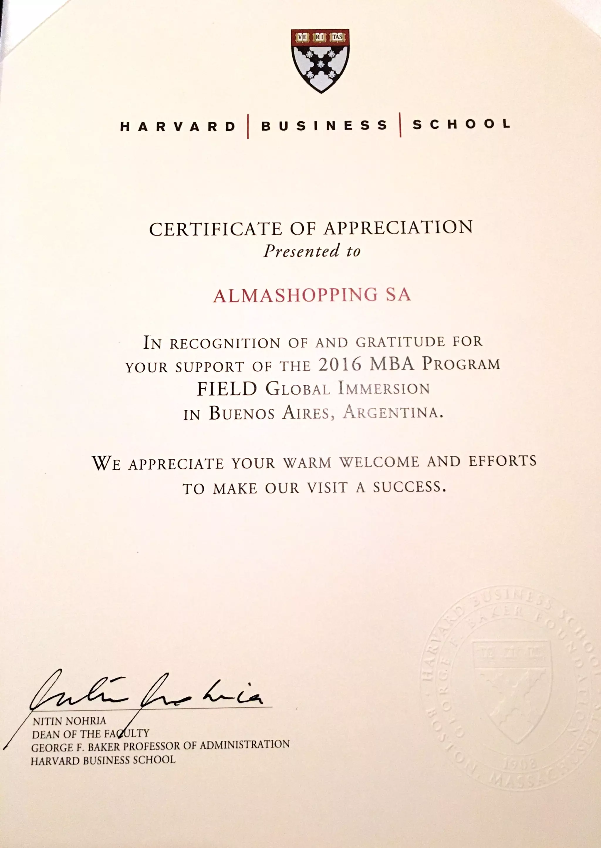 Certificate Harvard Field Almashopping | PDF