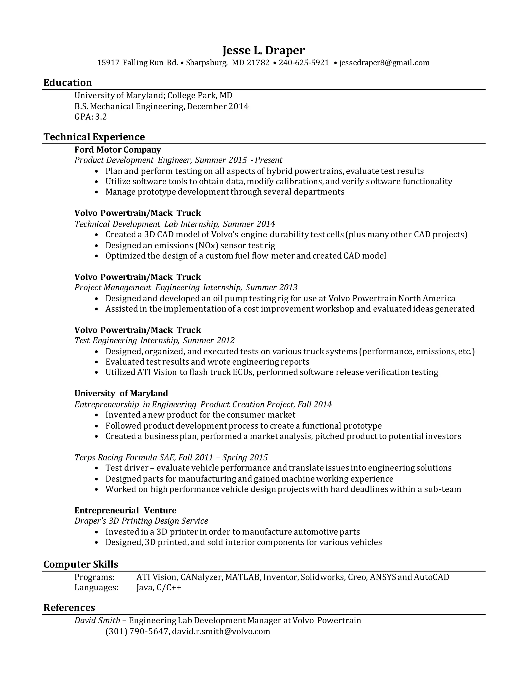Jesse Draper_Resume_191115 | DOCX | Automotive Industry | Industries