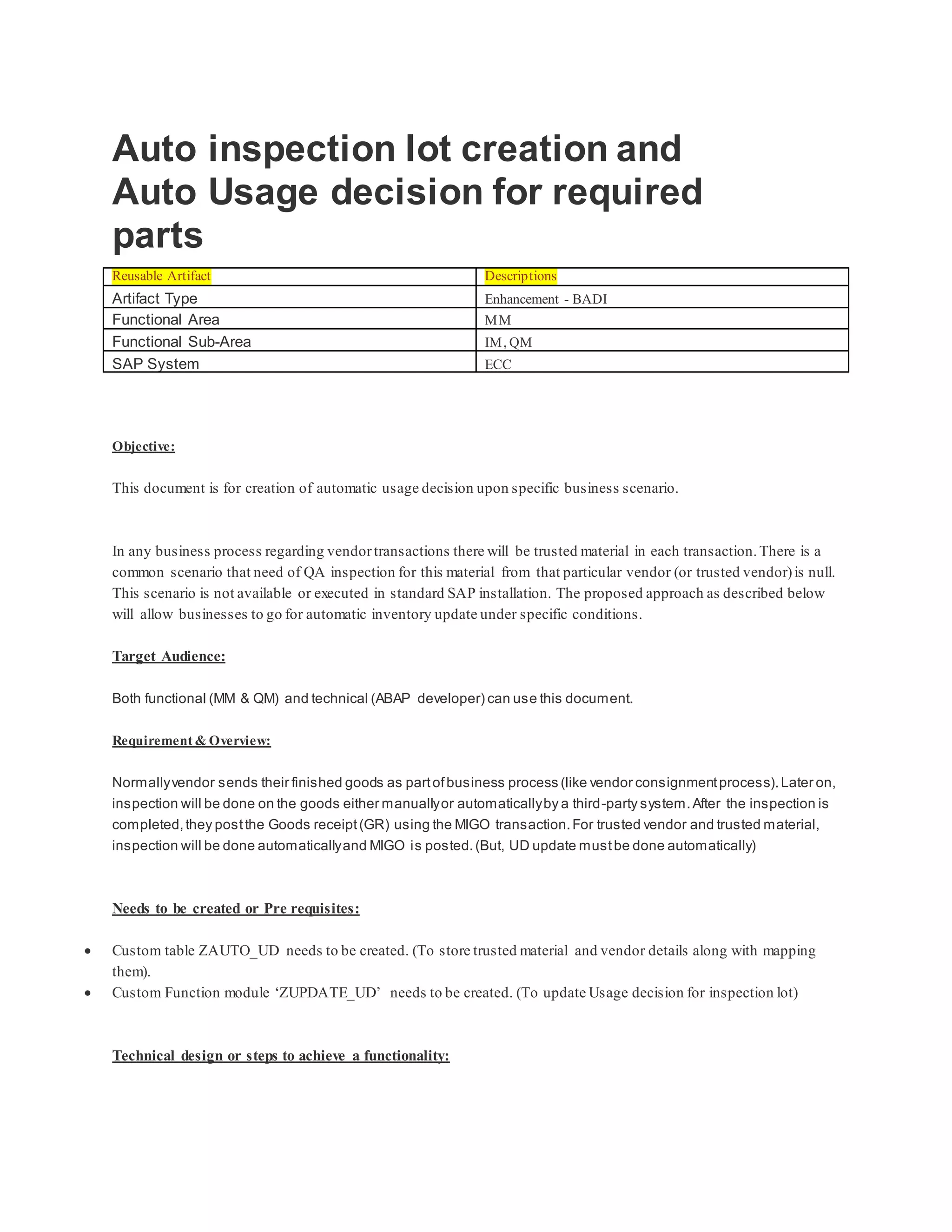 Auto inspection lot creation and Auto Usage decision for required parts ...