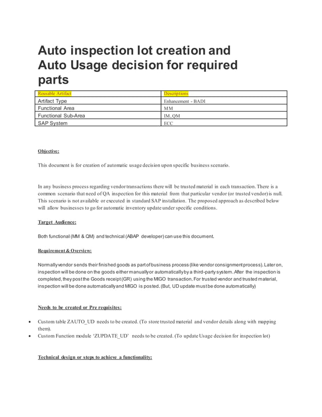 Auto inspection lot creation and Auto Usage decision for required parts ...