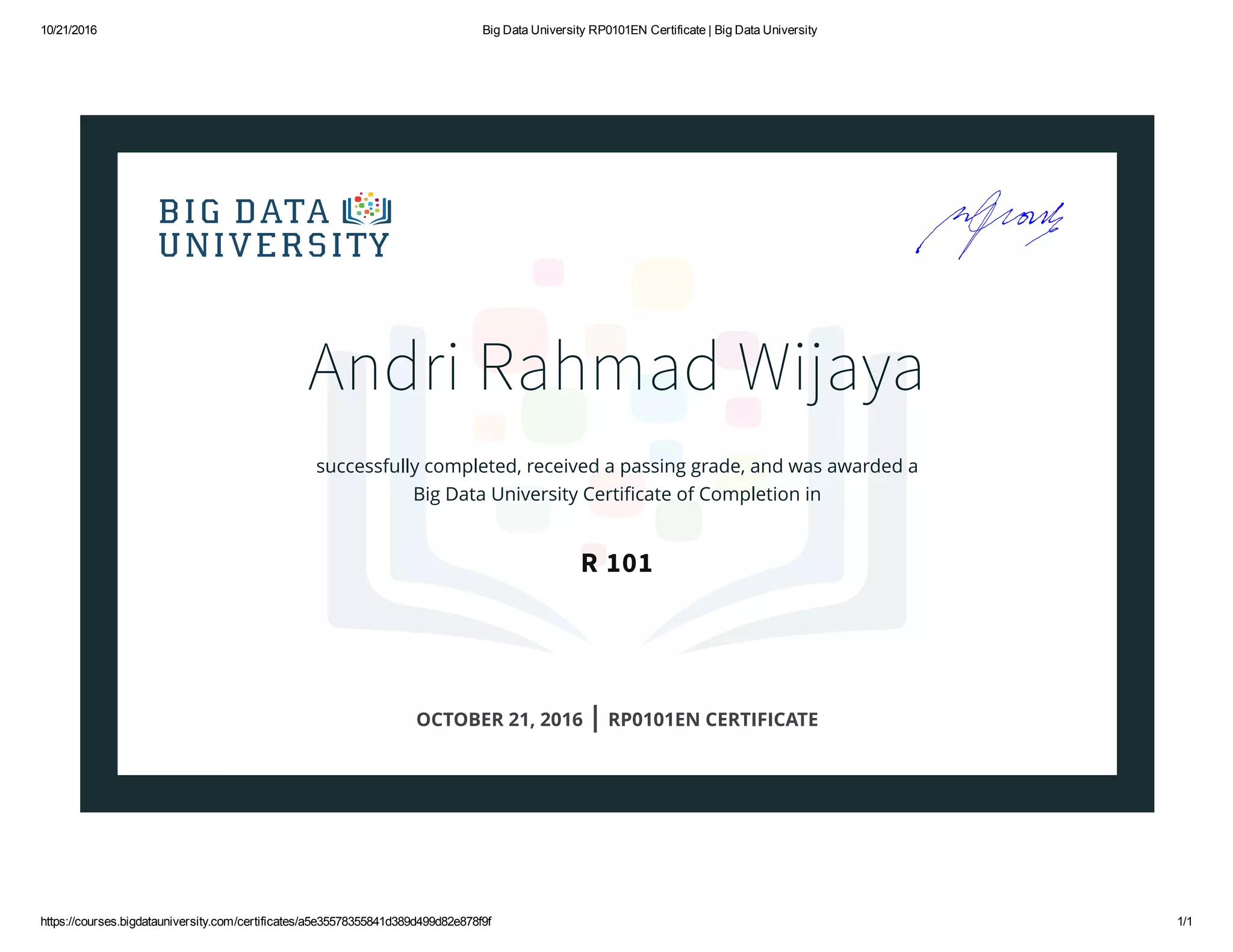 Big Data University RP0101EN Certificate _ Big Data University | PPT