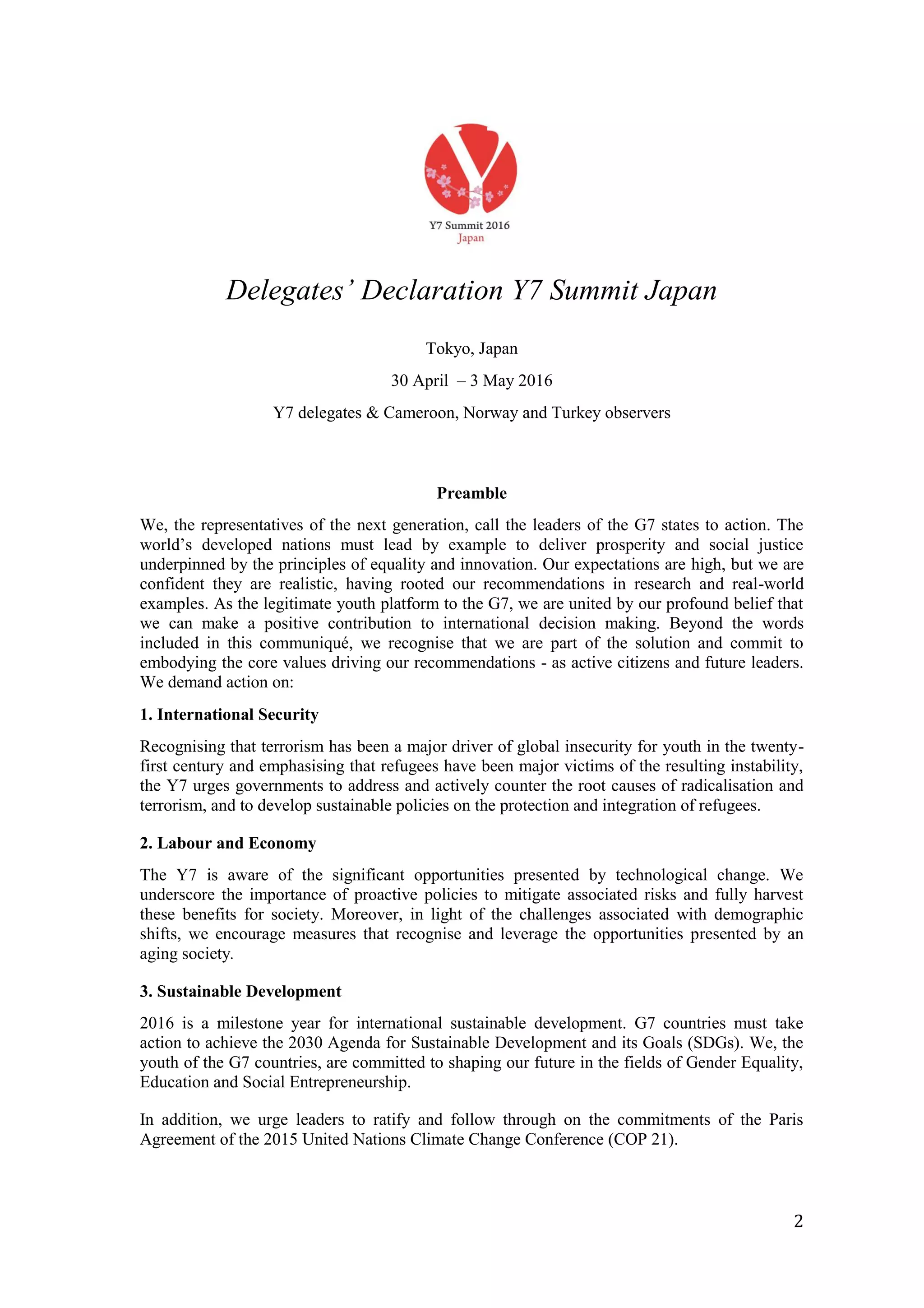 Delegates' Declaration Y7 Summit Japan | PDF