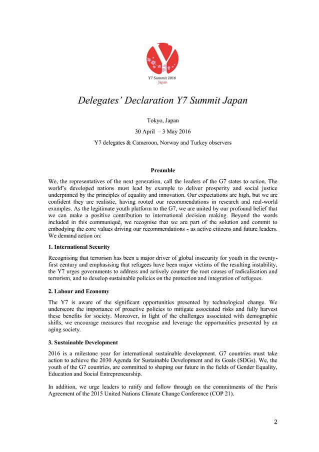 Delegates' Declaration Y7 Summit Japan | PDF